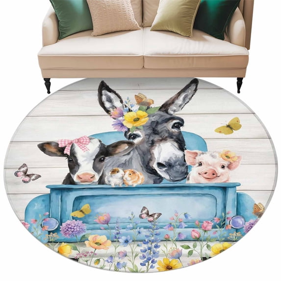 Farm Truck Animal Round Rug 5Ft Donkeys Cows Pigs Wildflowers Wood ...