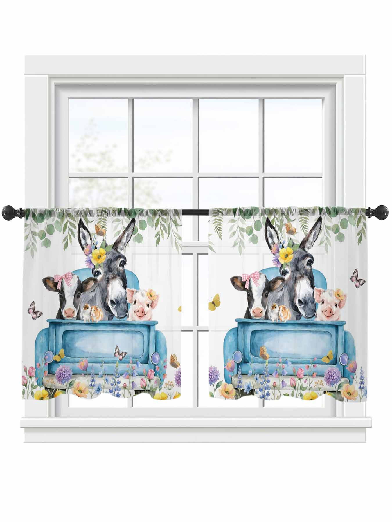Farm Truck Animal Sheer Curtains 2 Panels Set Donkeys Cows Pigs Flowers ...