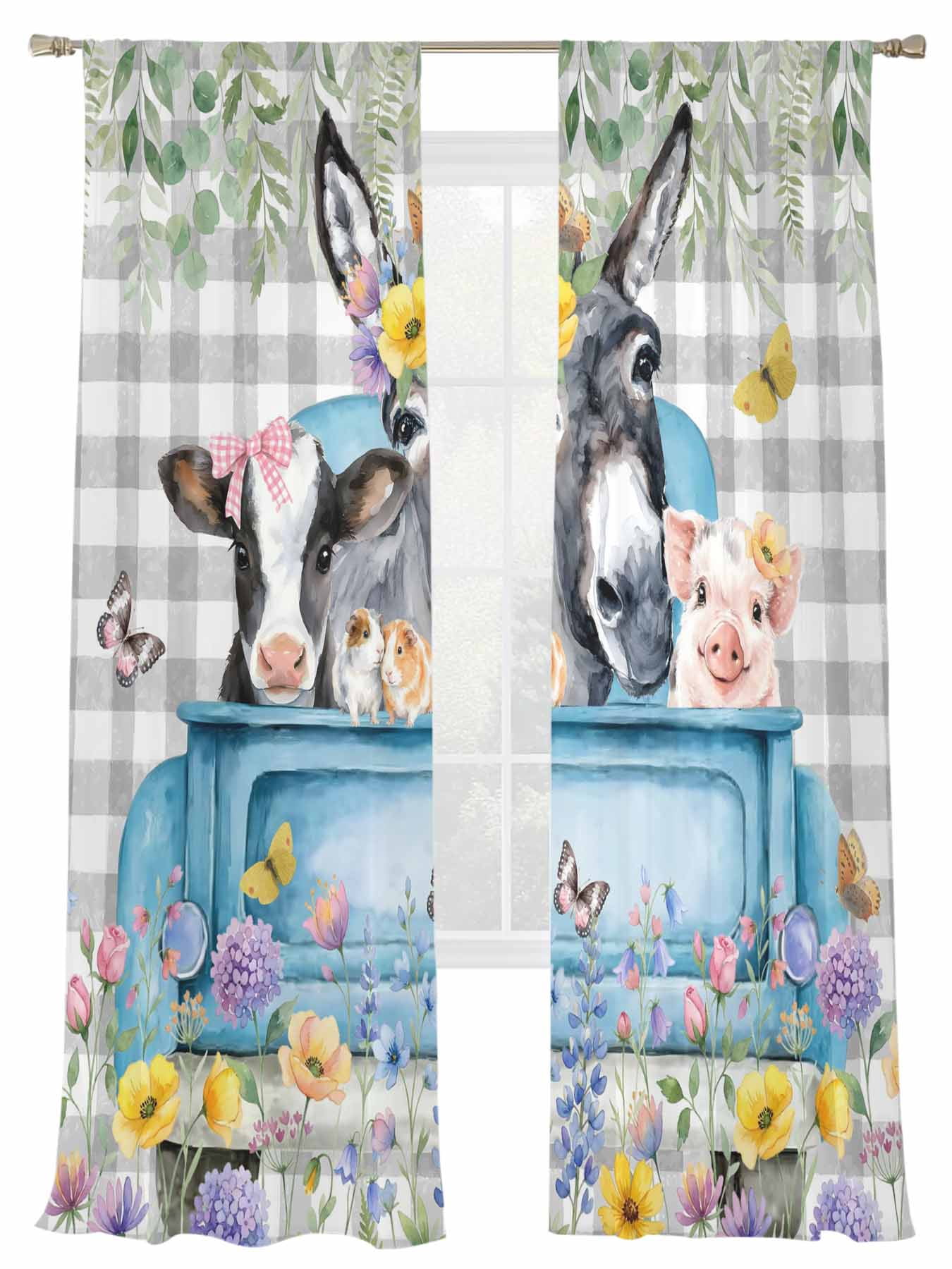 Farm Truck Animal Sheer Curtains 2 Panels Set Donkeys Cows Pigs Flowers ...