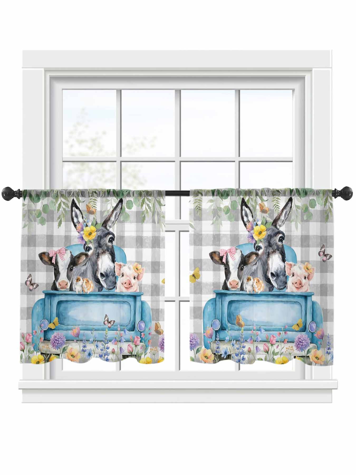 Farm Truck Animal Sheer Curtains 2 Panels Set Donkeys Cows Pigs Flowers ...