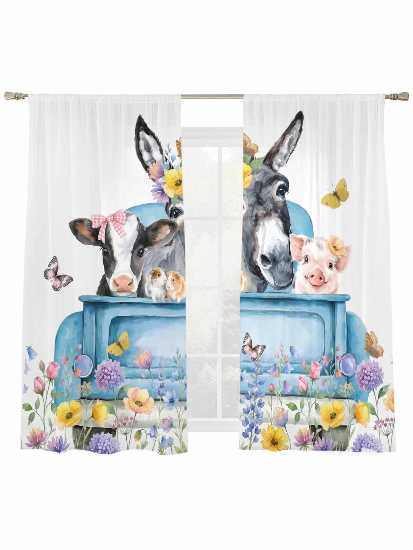 Farm Truck Animal Sheer Curtains 2 Panels Set Donkeys Cows Pigs ...