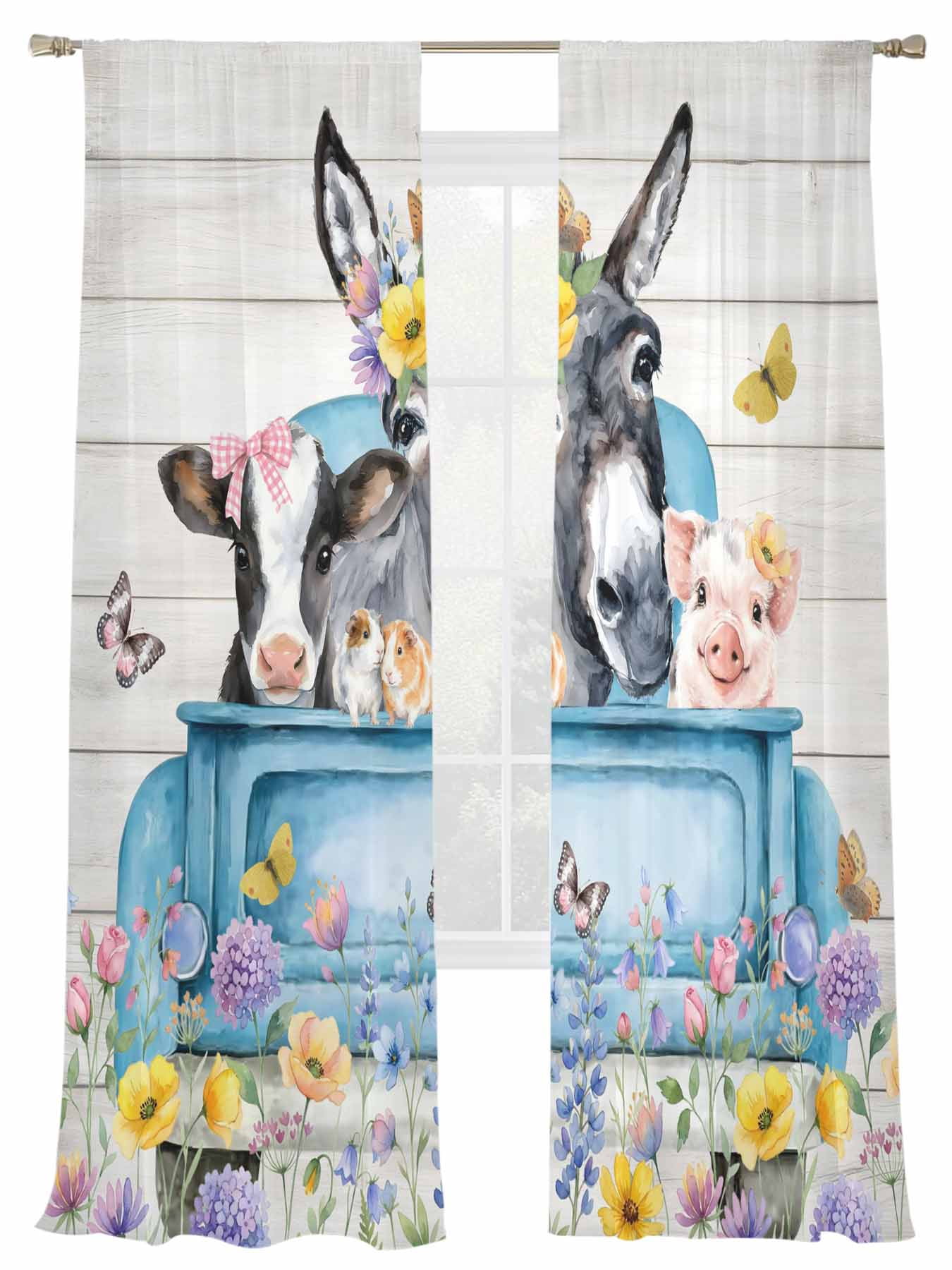 Farm Truck Animal Sheer Curtains 2 Panels Set Donkeys Cows Pigs ...