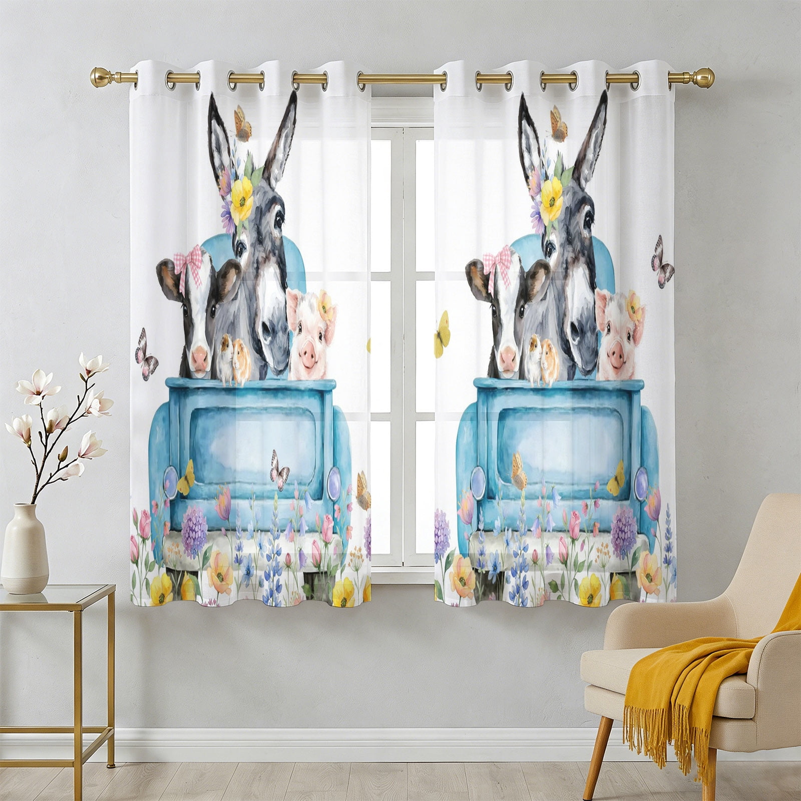 Farm Truck Animal Sheer Curtains 39 Inch Long 2 Panels, Donkeys Cows ...