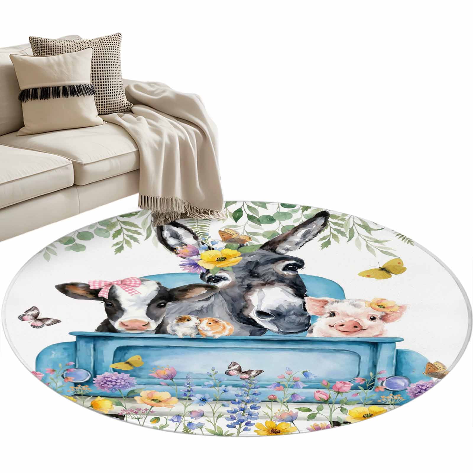 Farm Truck Animal Small Round Rug 3Ft Donkeys Cows Pigs Flowers ...