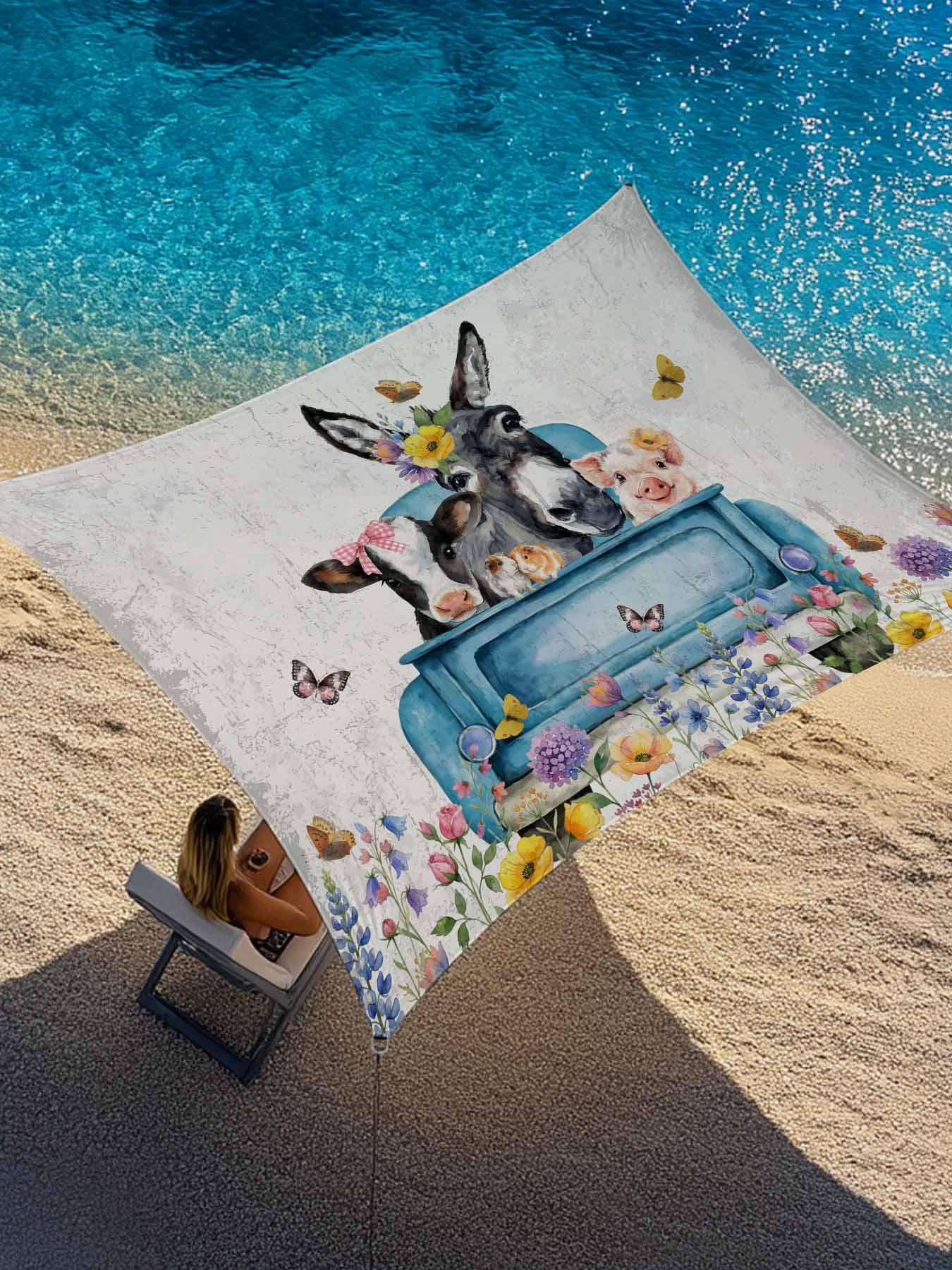 Farm Truck Animal Sun Shade Sail 12' x 16', Donkeys Cows Pigs ...