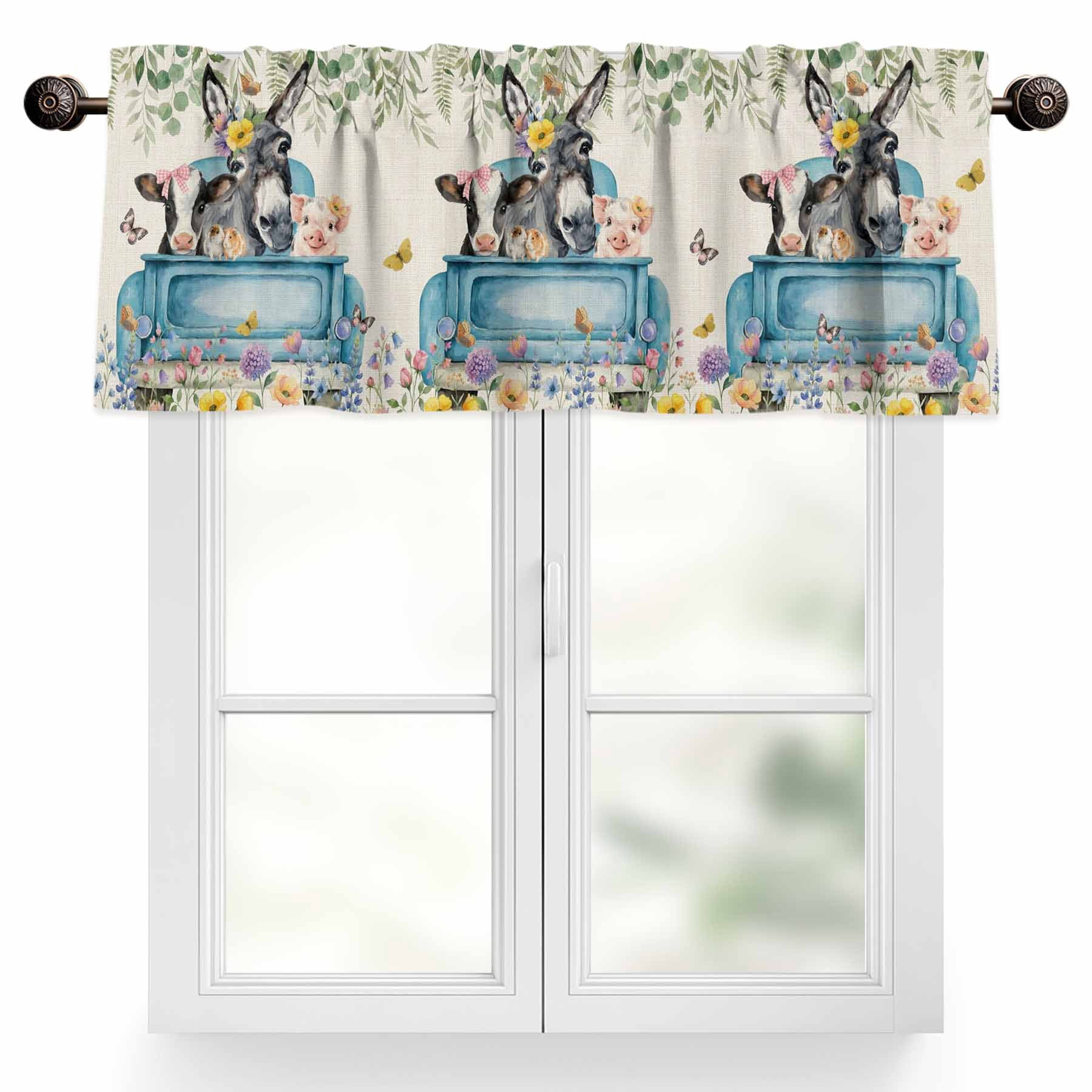 Farm Truck Animal Valances for Windows Donkeys Cows Pigs Flowers Leaves ...