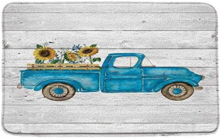 Farm Truck Bath Mat Rustic Sunflower Vintage Blue Pickup Car Retro ...