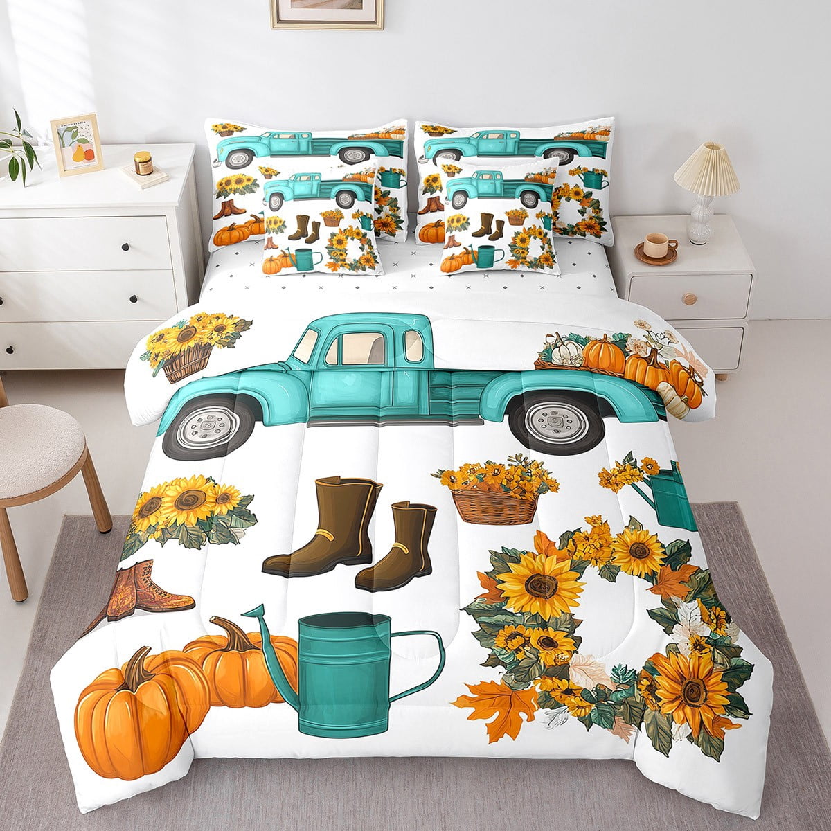 Farm Truck Car Comforter Set 7 Piece Bed in a Bag Twin,Sunflower ...
