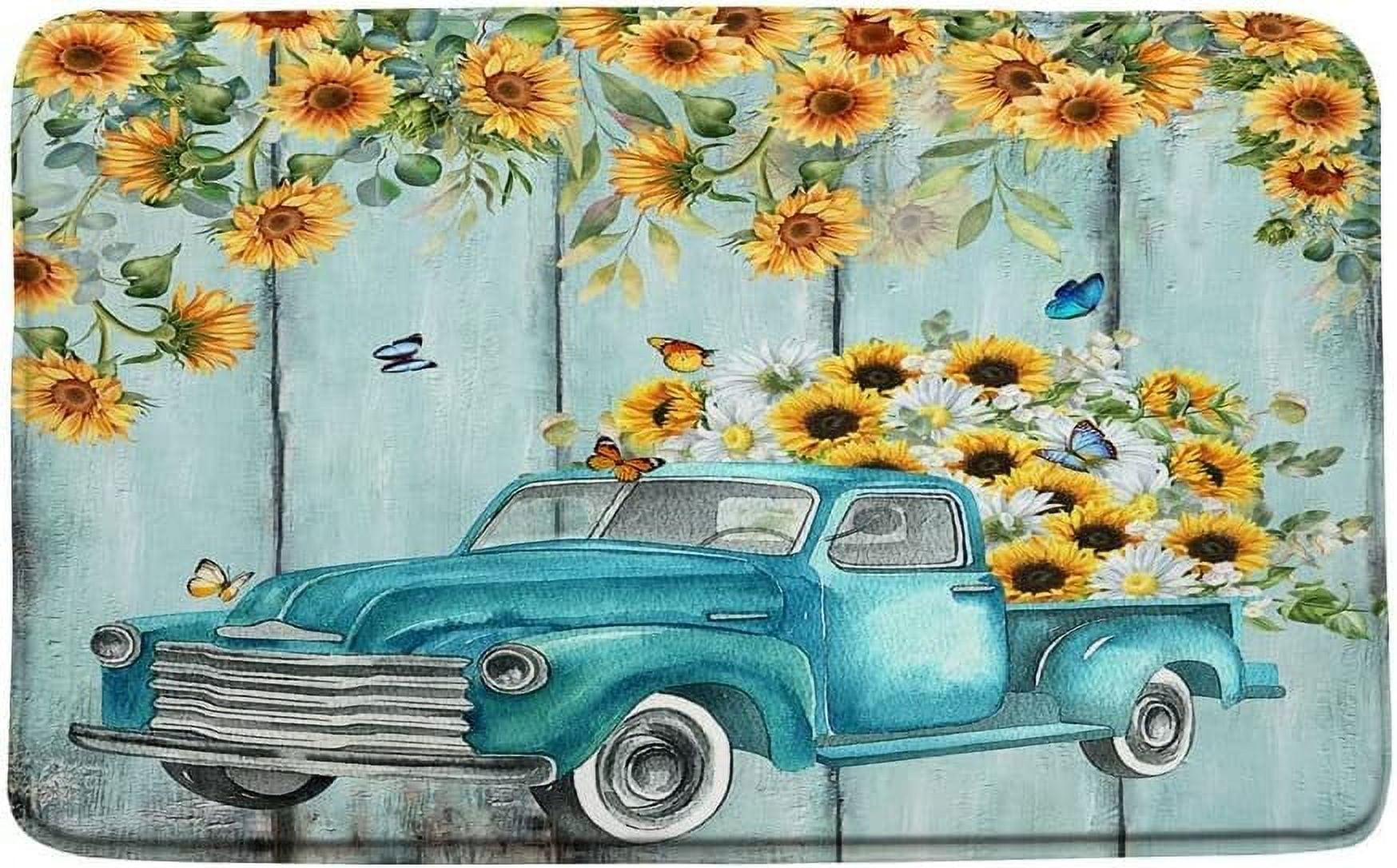 Farm Truck Flower Bath Mat Sunflower Rustic Yellow Floral Daisy ...