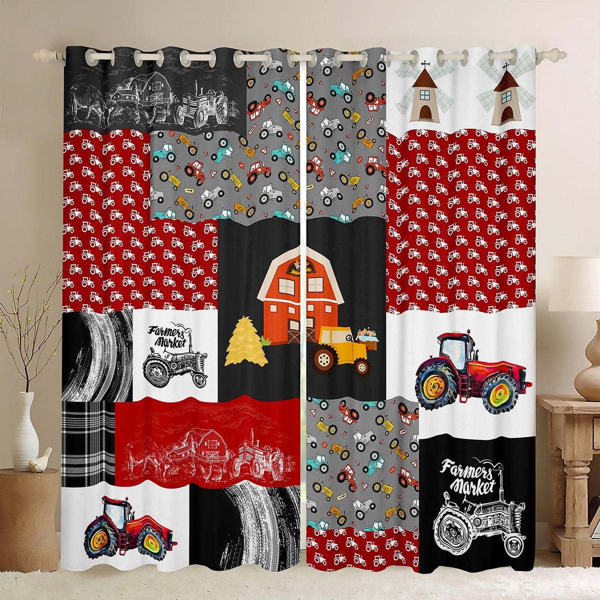 Farm Trucks Curtains & Drapes,Watercolor Tractor Construction Window ...