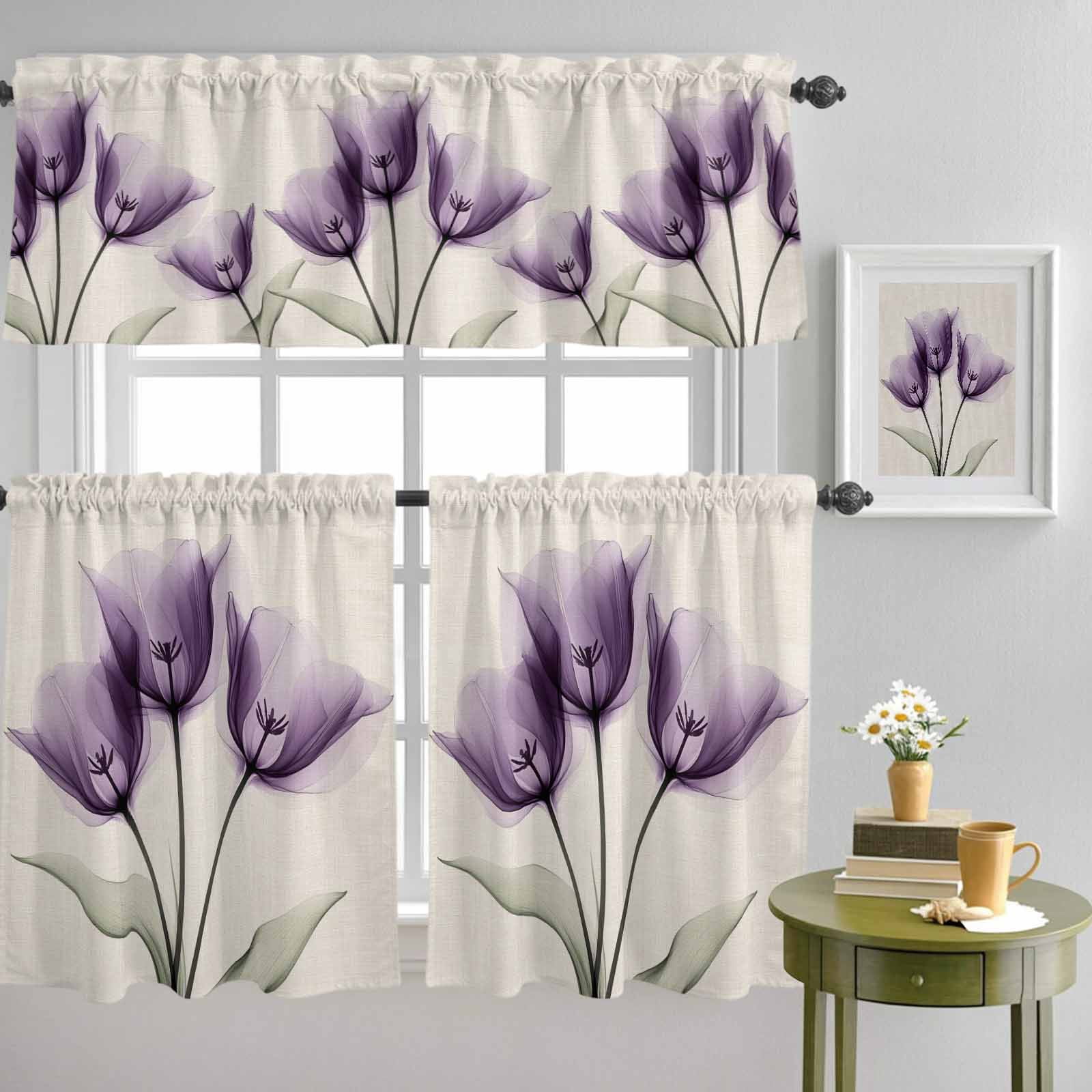 Farm Tulip Purple Flower on Burlap Curtain Tier and Valance Set 3 Piece ...