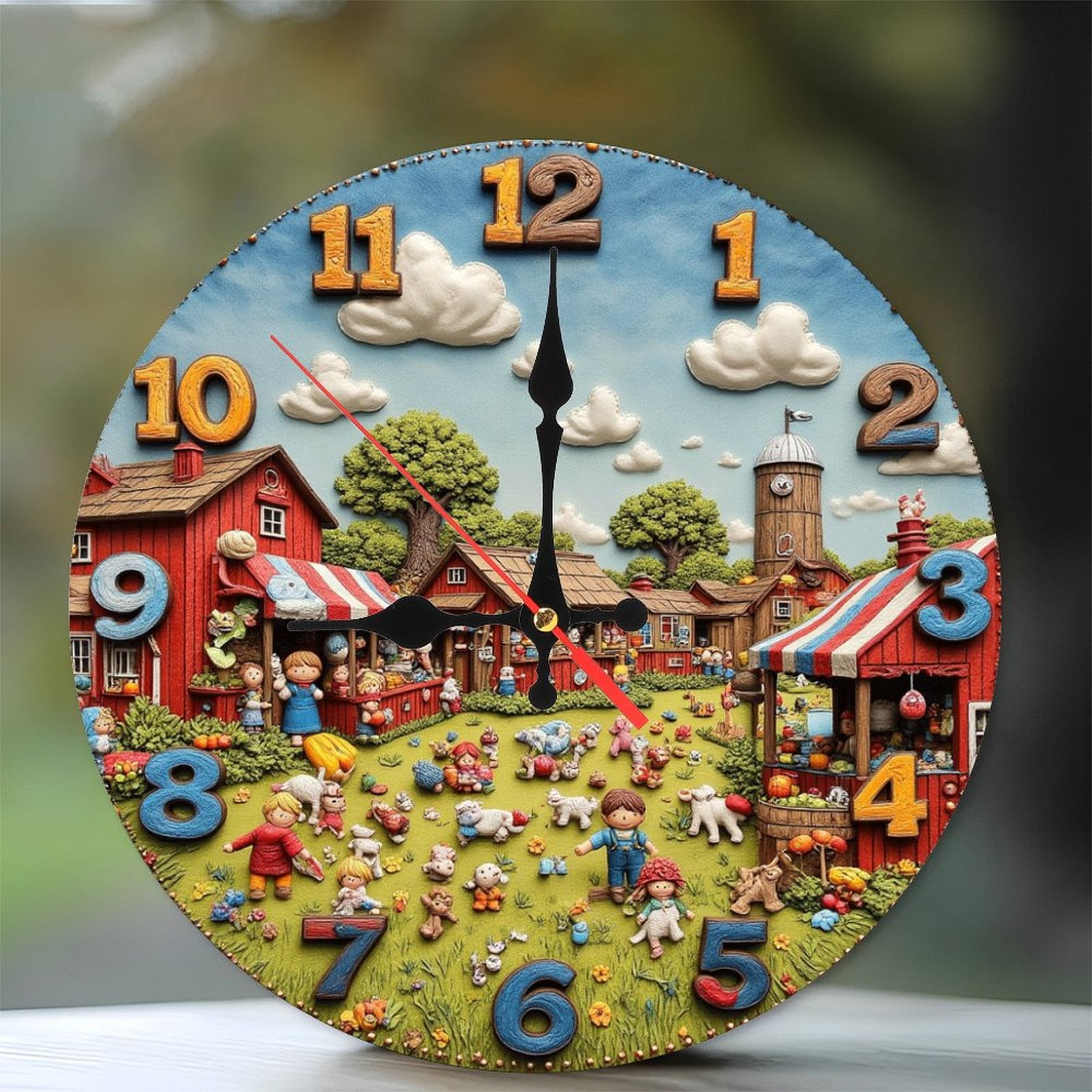 Farm Village Fair Clock Figurine Collectible 10-Inch Silent Wooden Wall ...