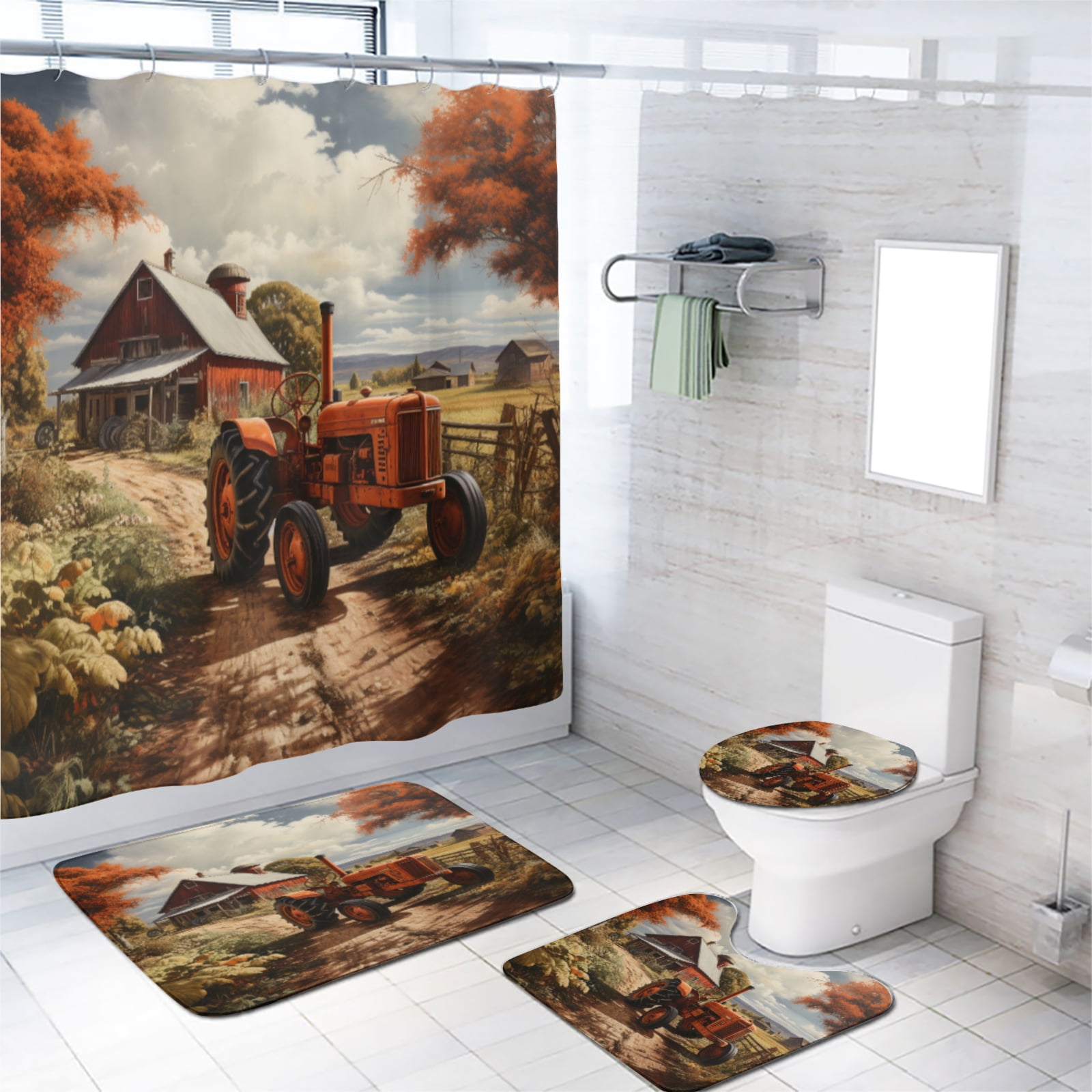 Farm Vintage Truck 4 Piece Shower Curtain Sets Rustic Red Tractor Barn ...