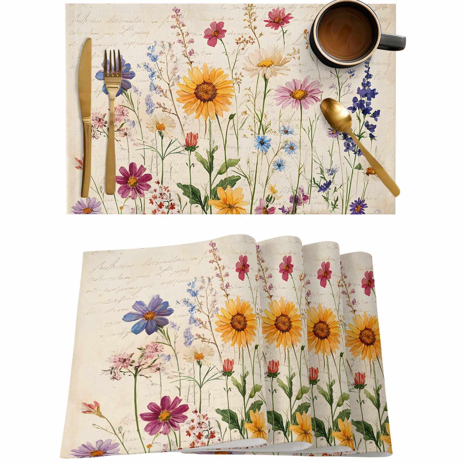 Farm Watercolor Flower Plants Placemats Set of 4,Wipeable Washable ...