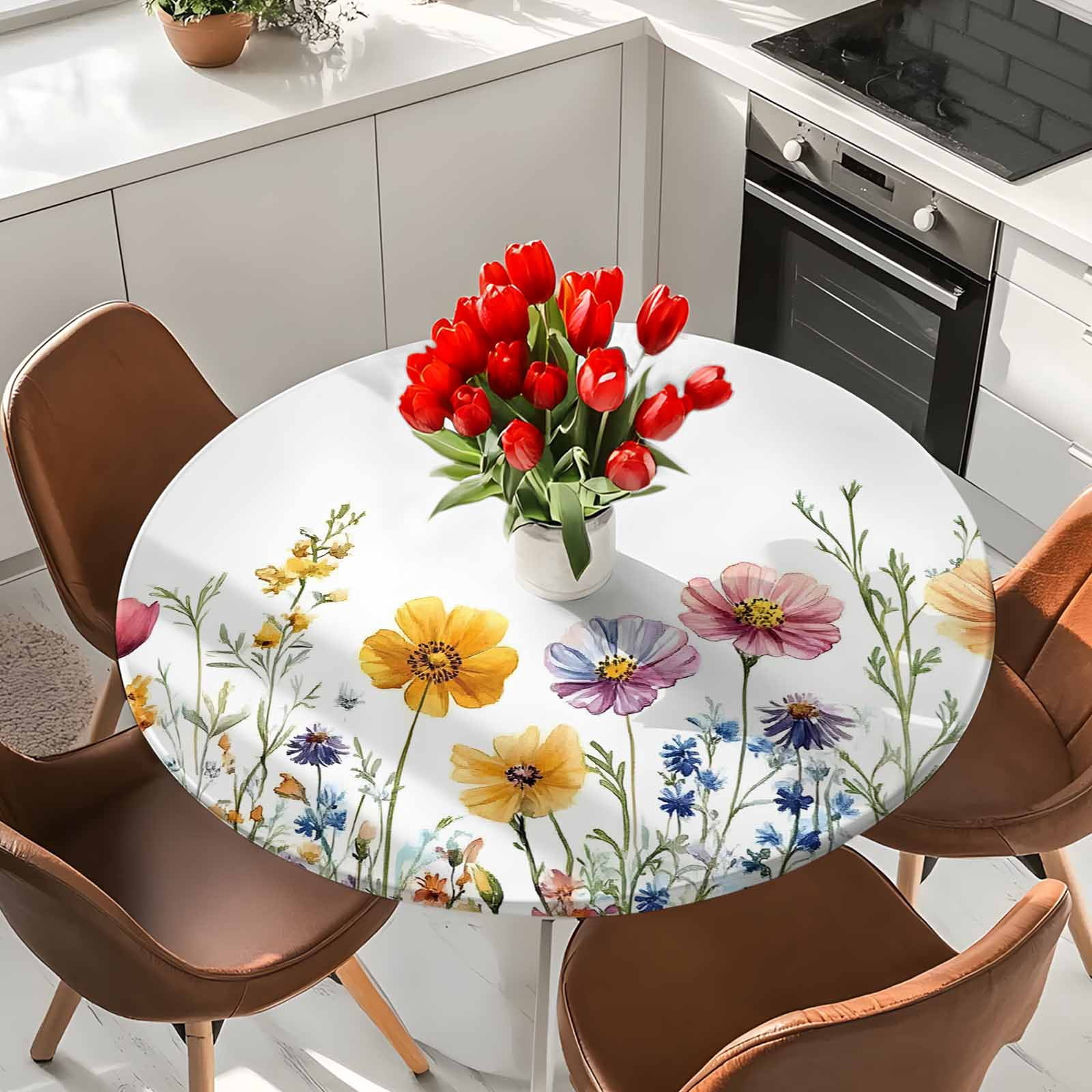 Farm Watercolor Flower Wildflower Round Fitted Tablecloth with Elastic ...