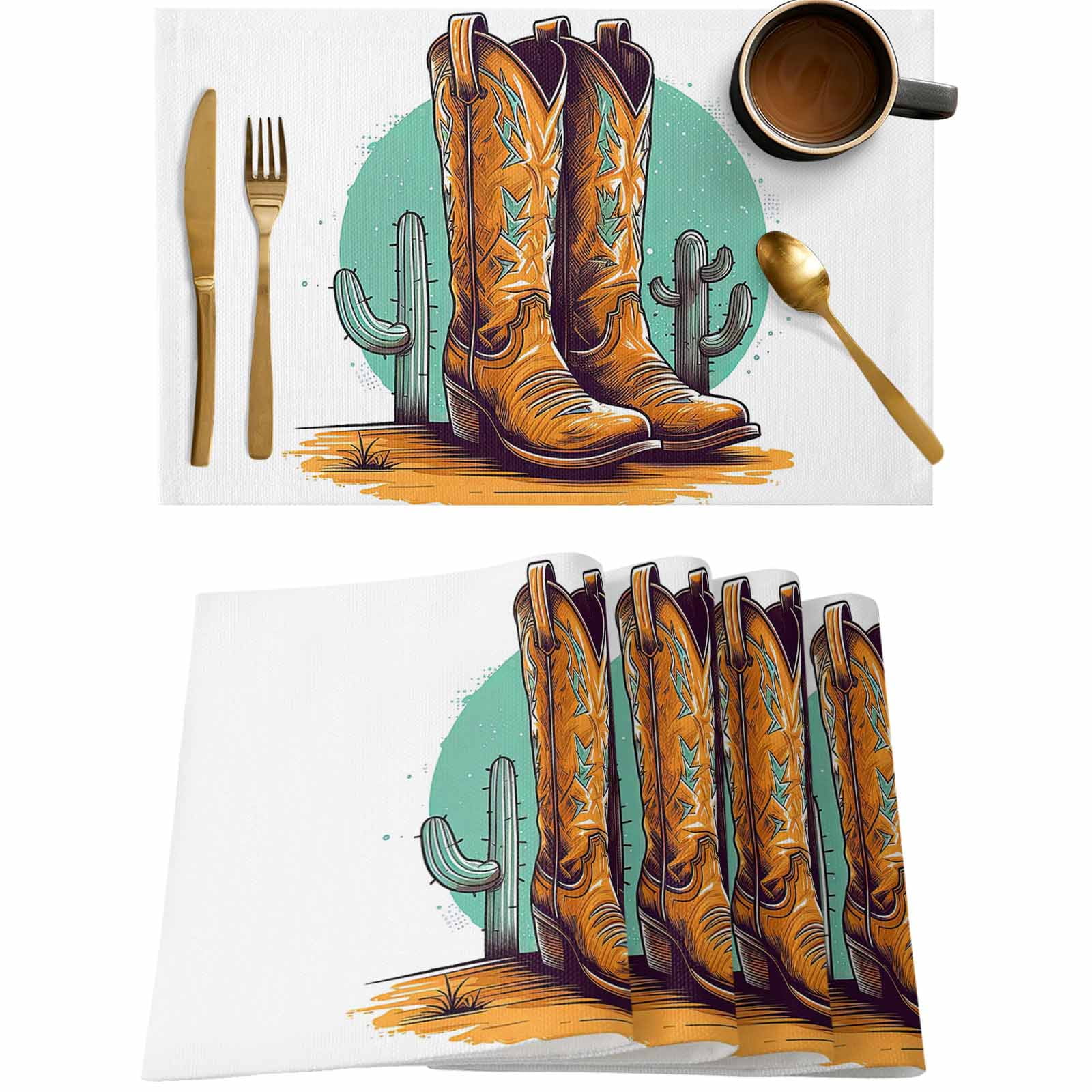 Farm West Cowboy Boots Cactus Placemats Set of 4,Wipeable Washable ...