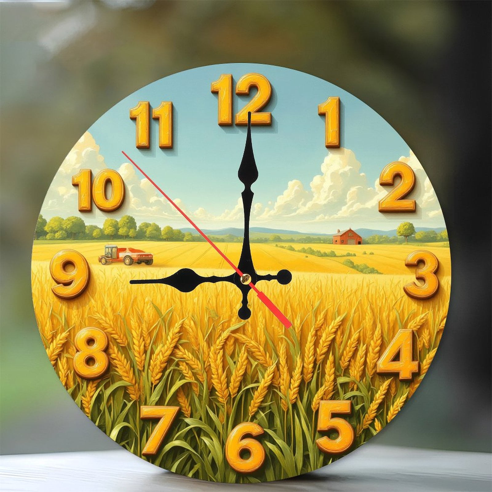 Farm Wheat Field Wall Clock Golden Numbers Decor 10-Inch Silent Wooden ...