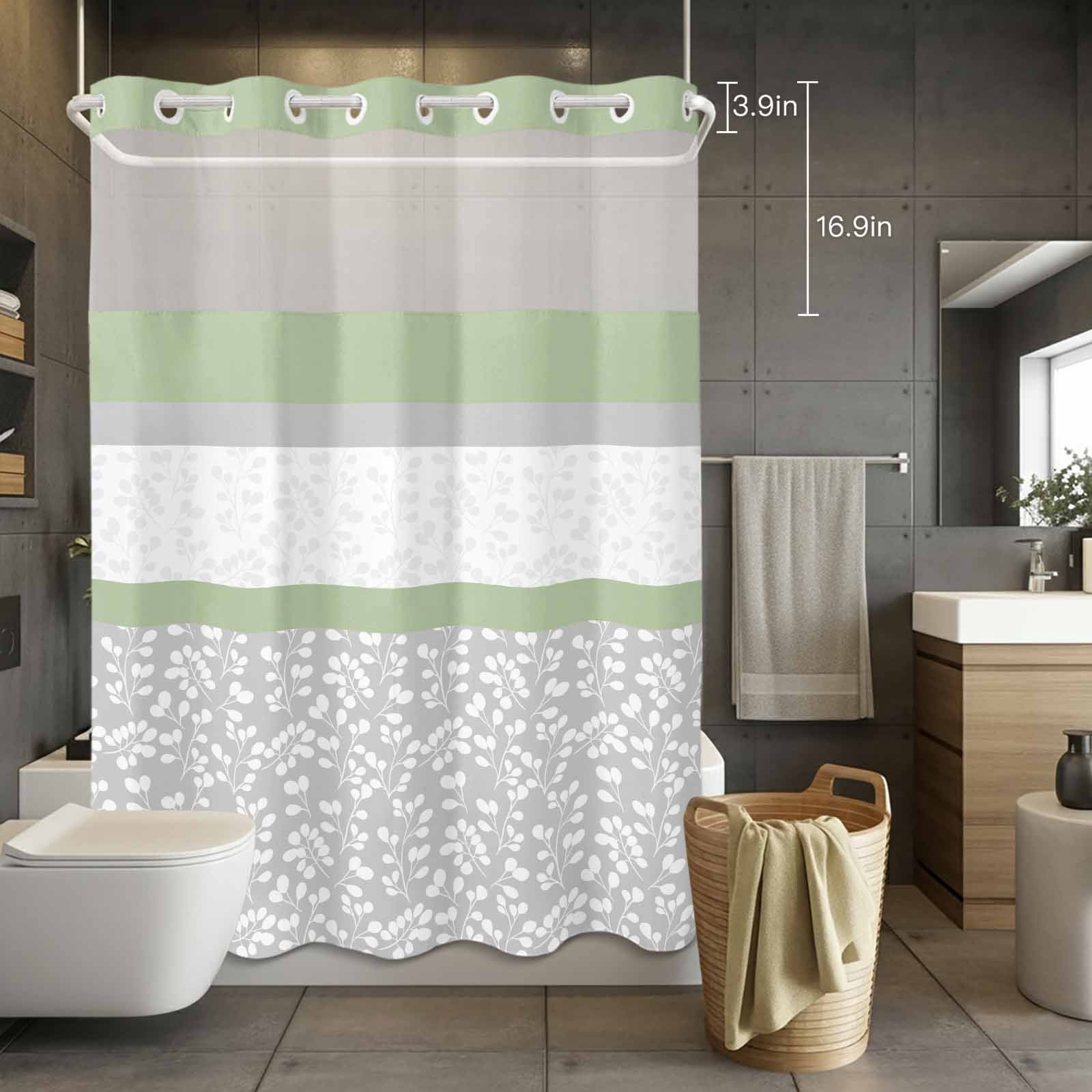 Farm Wildflower Green Grey Line No Hook Shower Curtain with Snap in ...