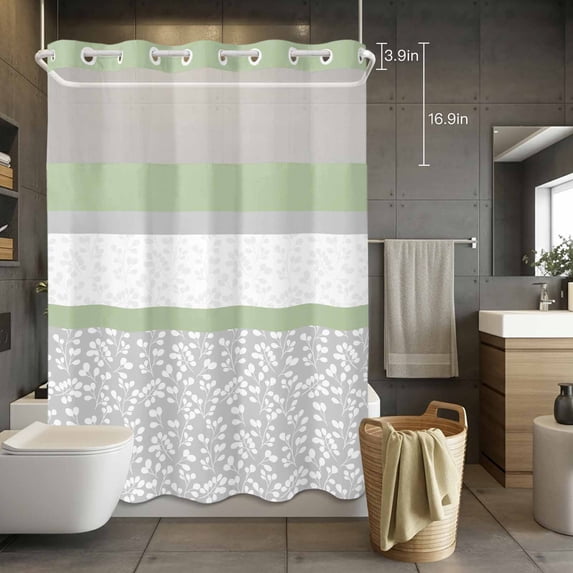Farm Wildflower Green Grey Line No Hook Shower Curtain with Snap in ...