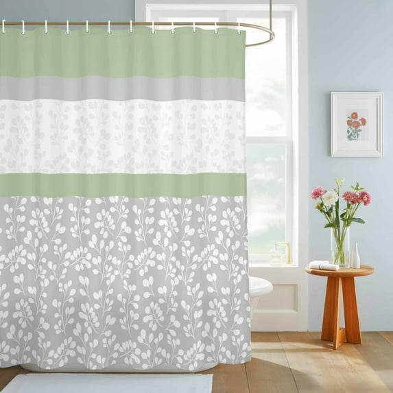 Farm Wildflower Green Grey Line Shower Curtain with Rustproof Grommets ...