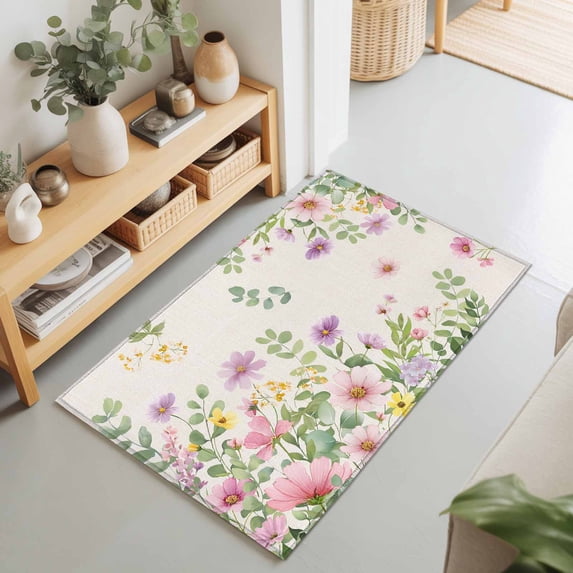 Farm Wildflower Watercolor Leaves Rectangle Rug 2'x3' Pink Purple ...
