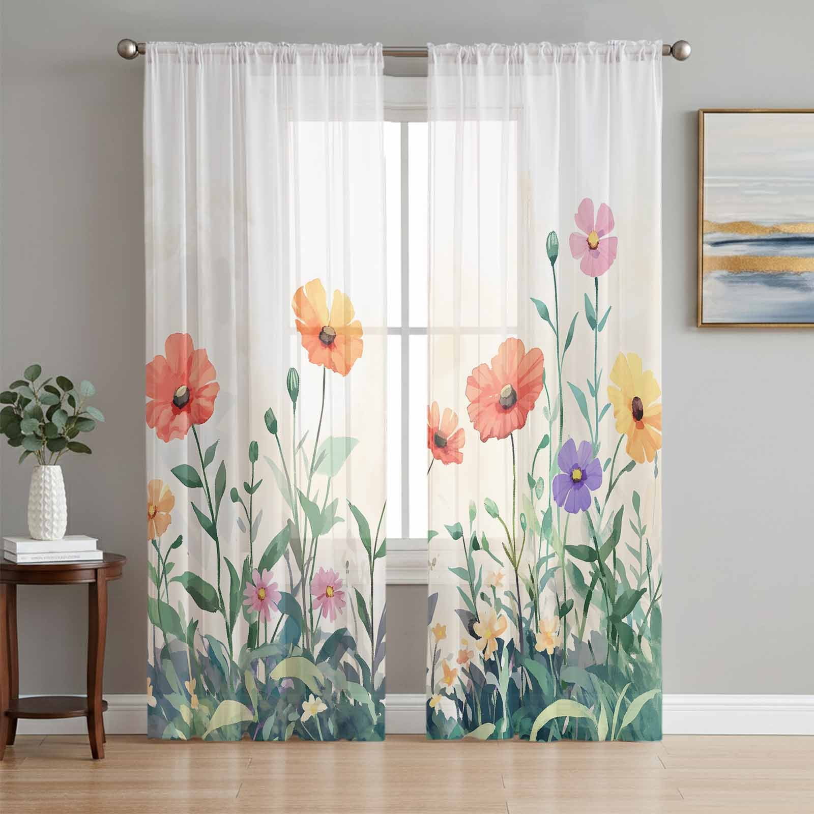 Farm Wildflowers Sheer Curtains 84 Inch Length 2 Panels Set, Watercolor ...