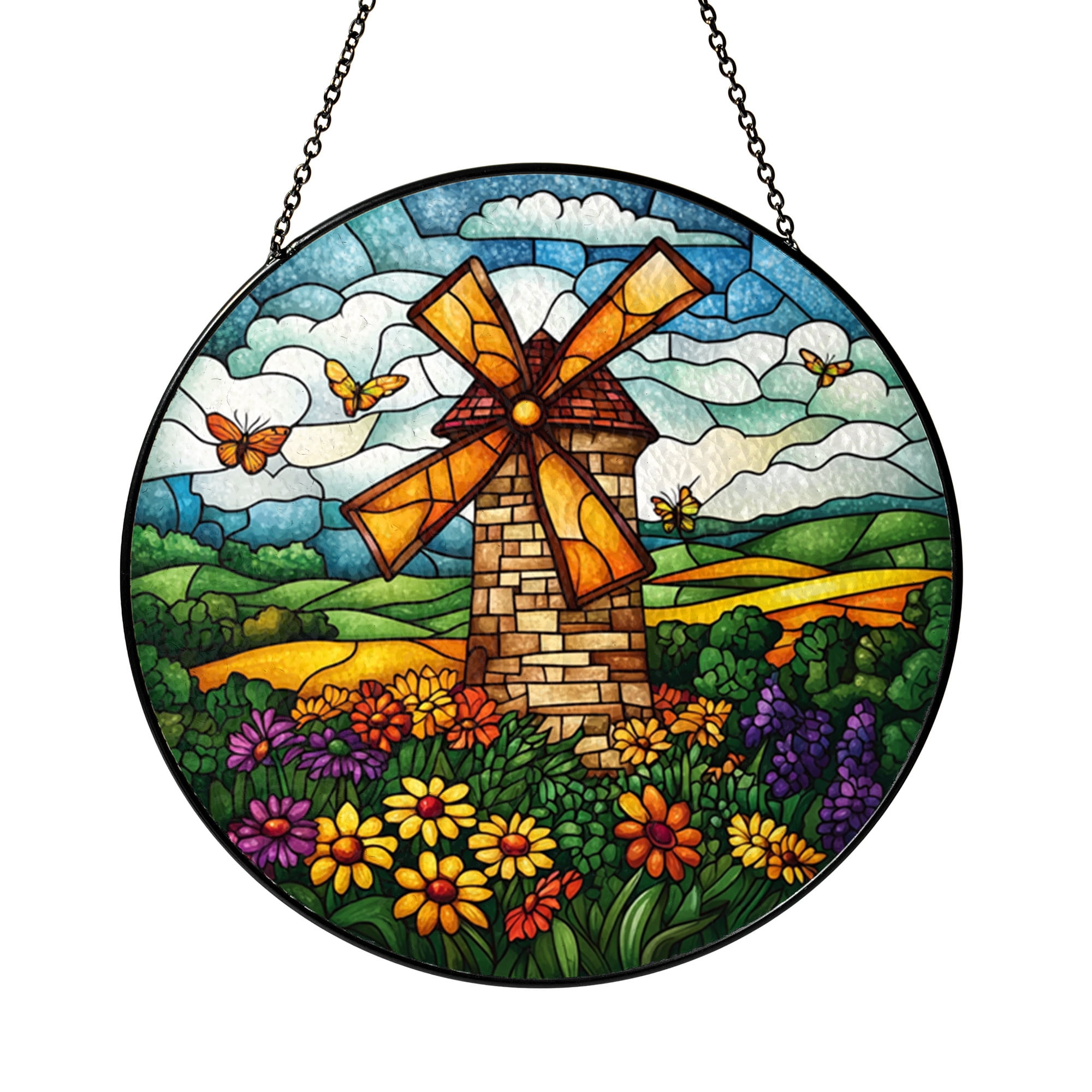 Farm Windmill Suncatcher – Stained Glass Style Floral Window Decor ...