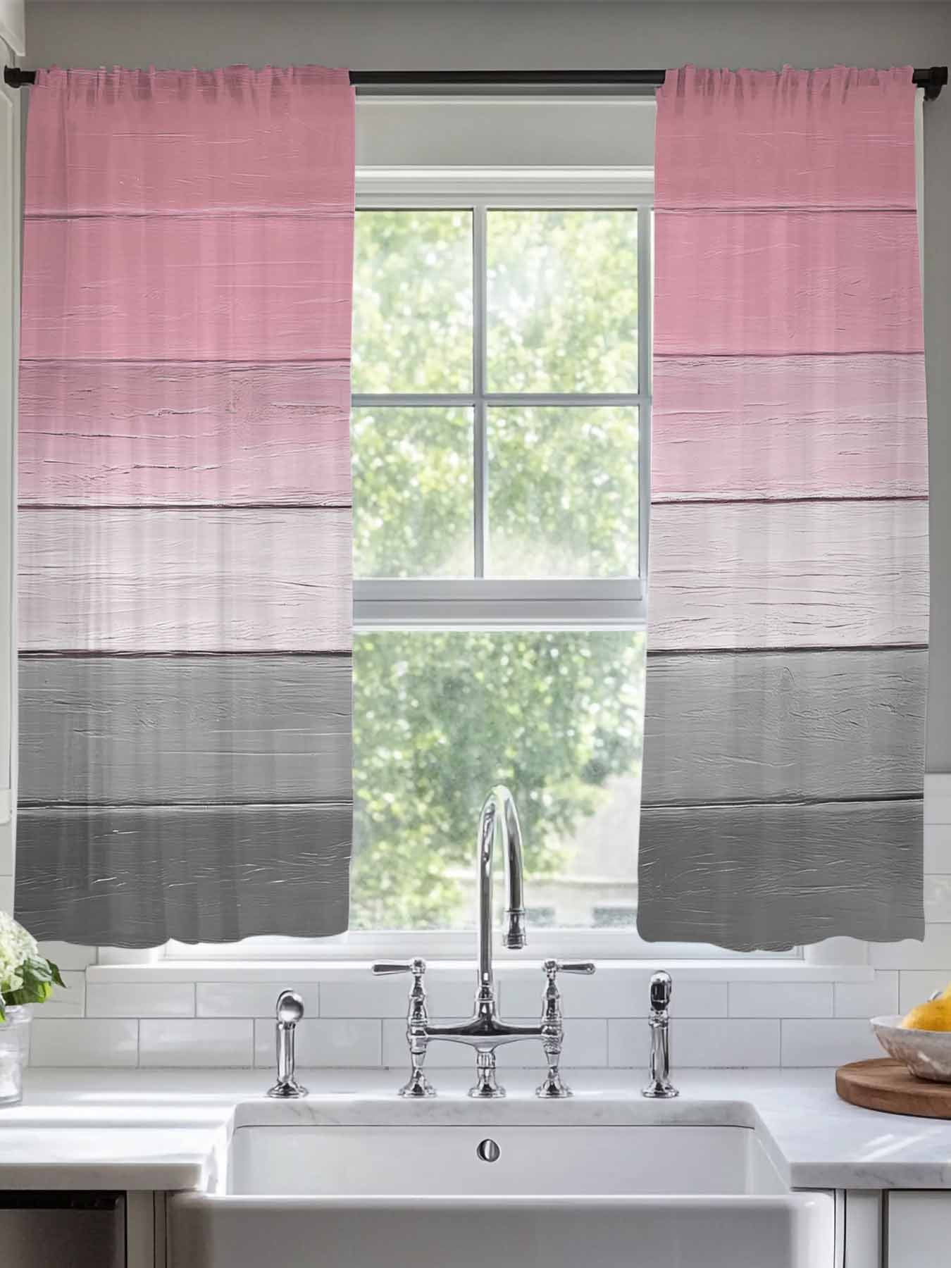 Farm Wood Board Pink Gradient Sheer Curtains 2 Panels Set Vintage Grey ...