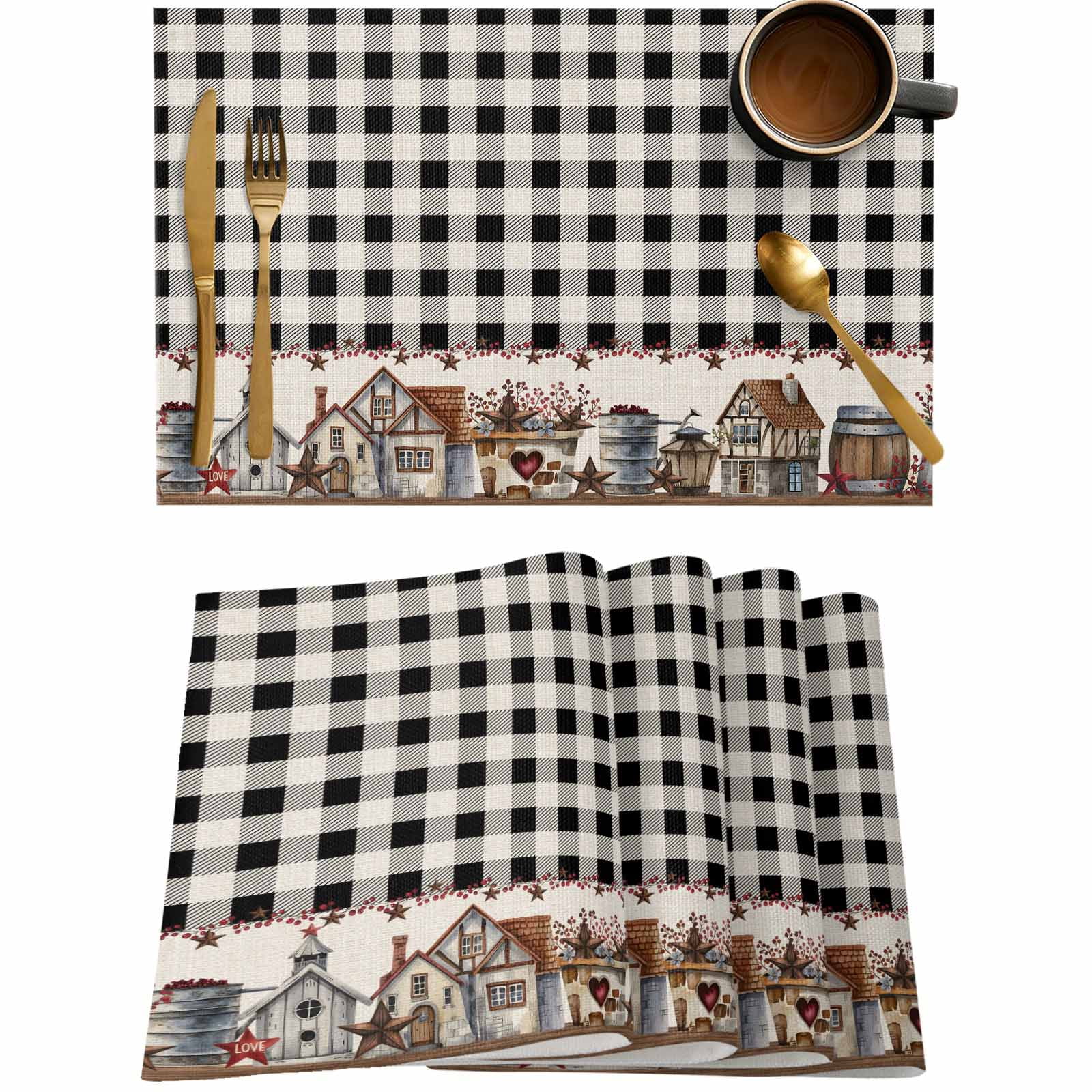 Farm Wooden House Black Buffalo Plaid Placemats Set of 4,Wipeable ...