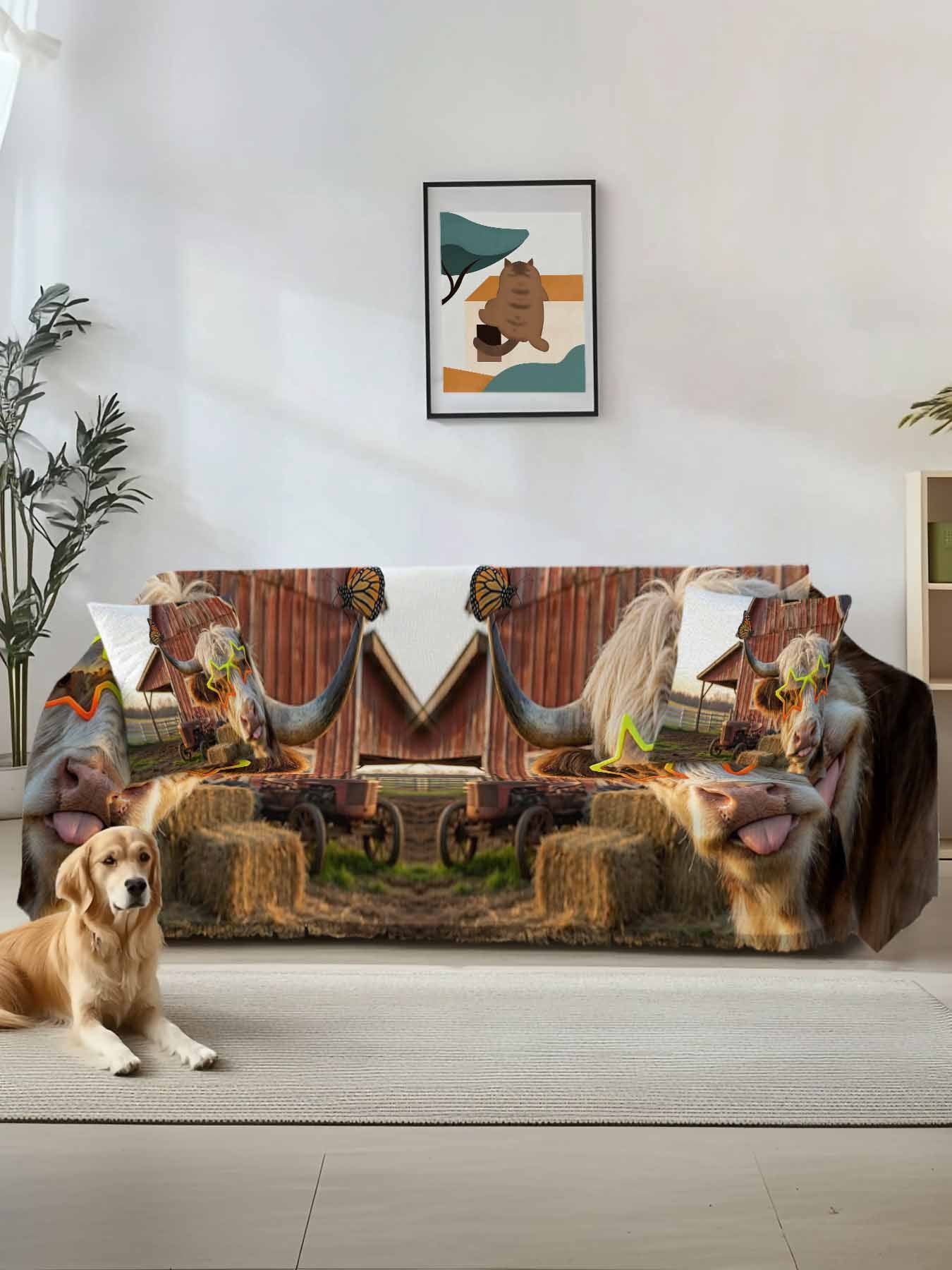Farm Yaks Couch Cover for 2 Cushion Sofa, Farmhouse Barn Funny Animals ...