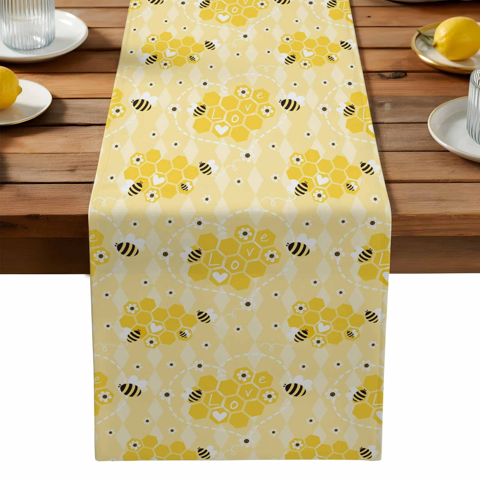 Farm Yellow Bee Honeycomb Table Runner-70 Inch Long Geometric Floral ...
