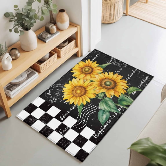 Farm Yellow Sunflower Rectangle Rug 2'x3' Vintage Black White Lattice ...