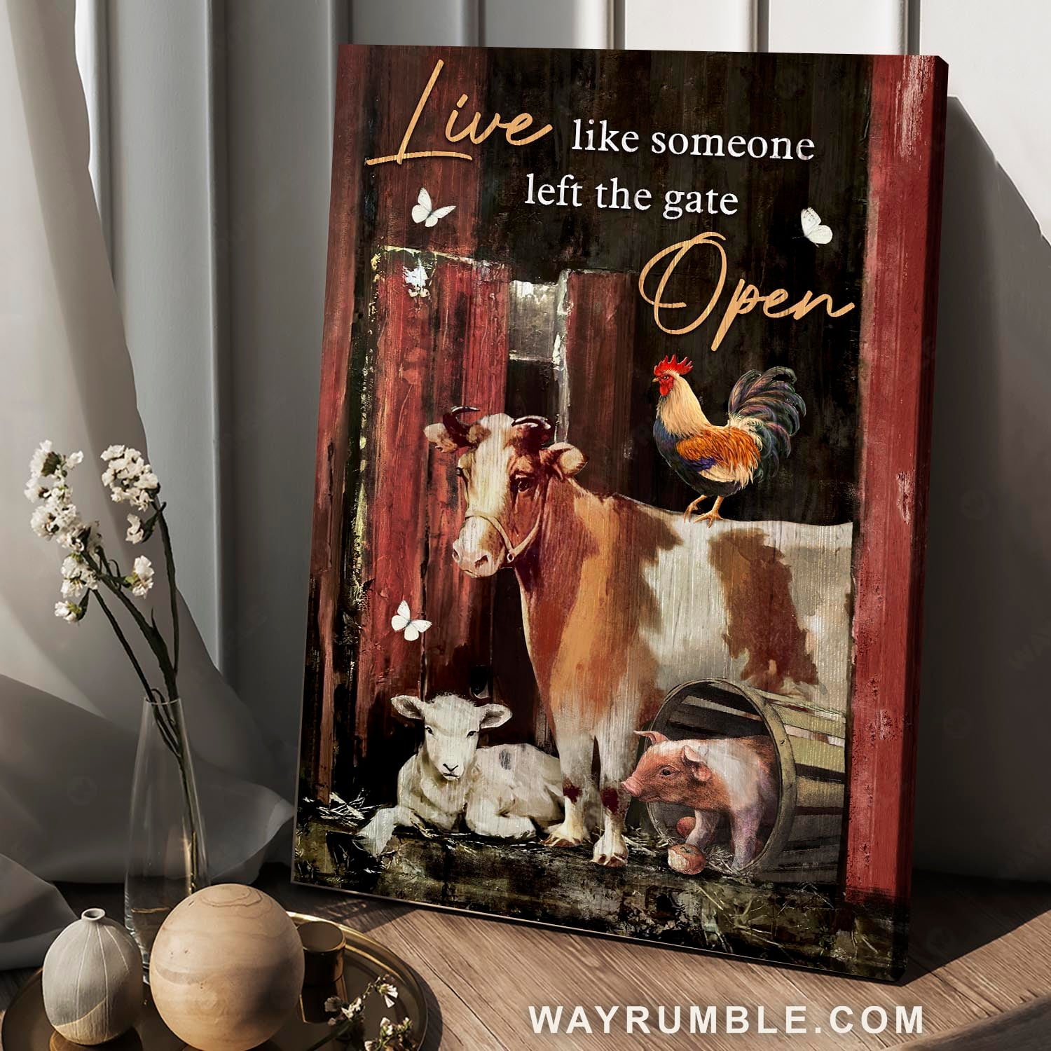 Farm animals, Dairy cow, The rooster, Lamb of God, The gate open ...