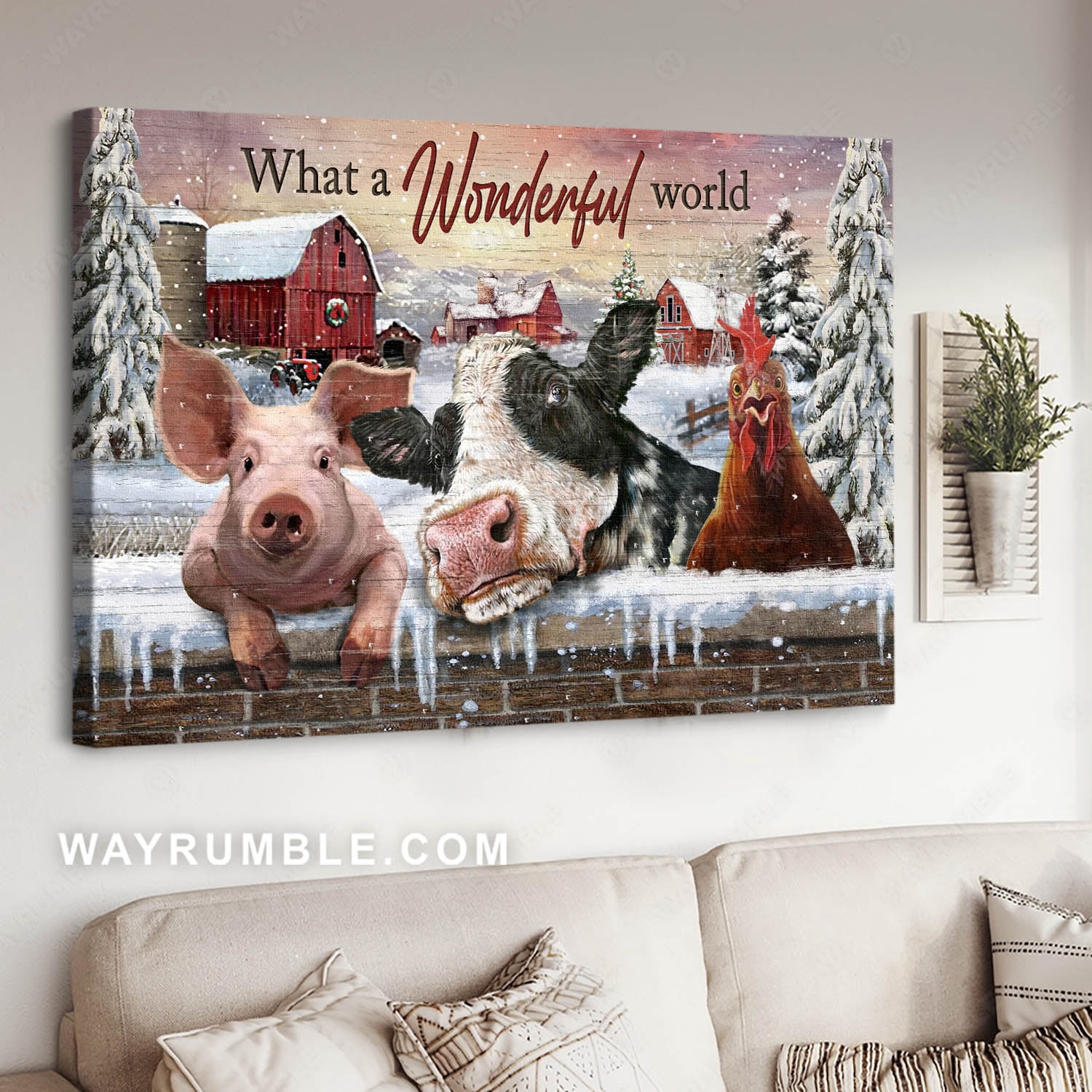 Farm animals, Snowy farm, Red barn painting, What a wonderful world ...