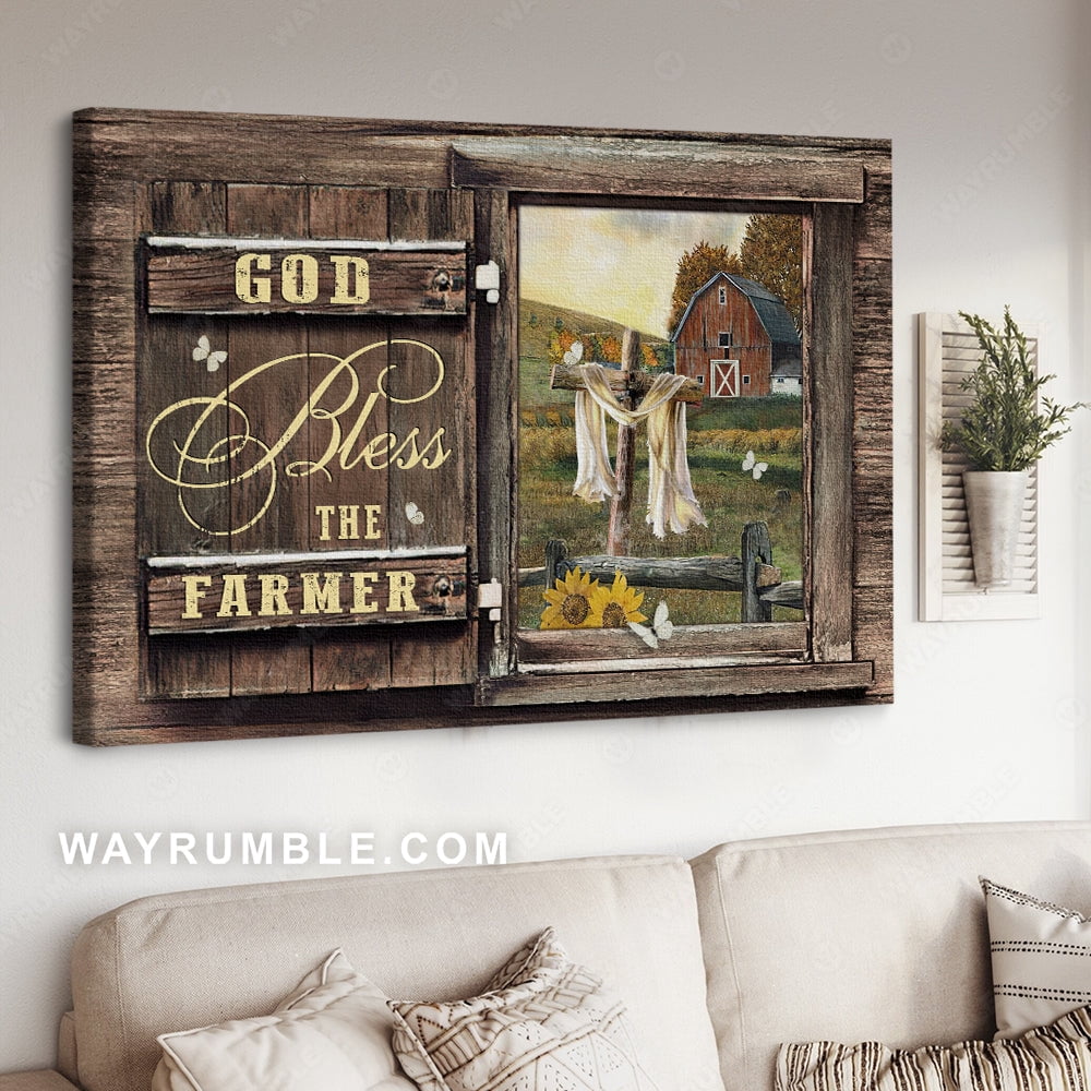 Farm painting, Wooden cross, Red barnhouse, God bless the farmer ...