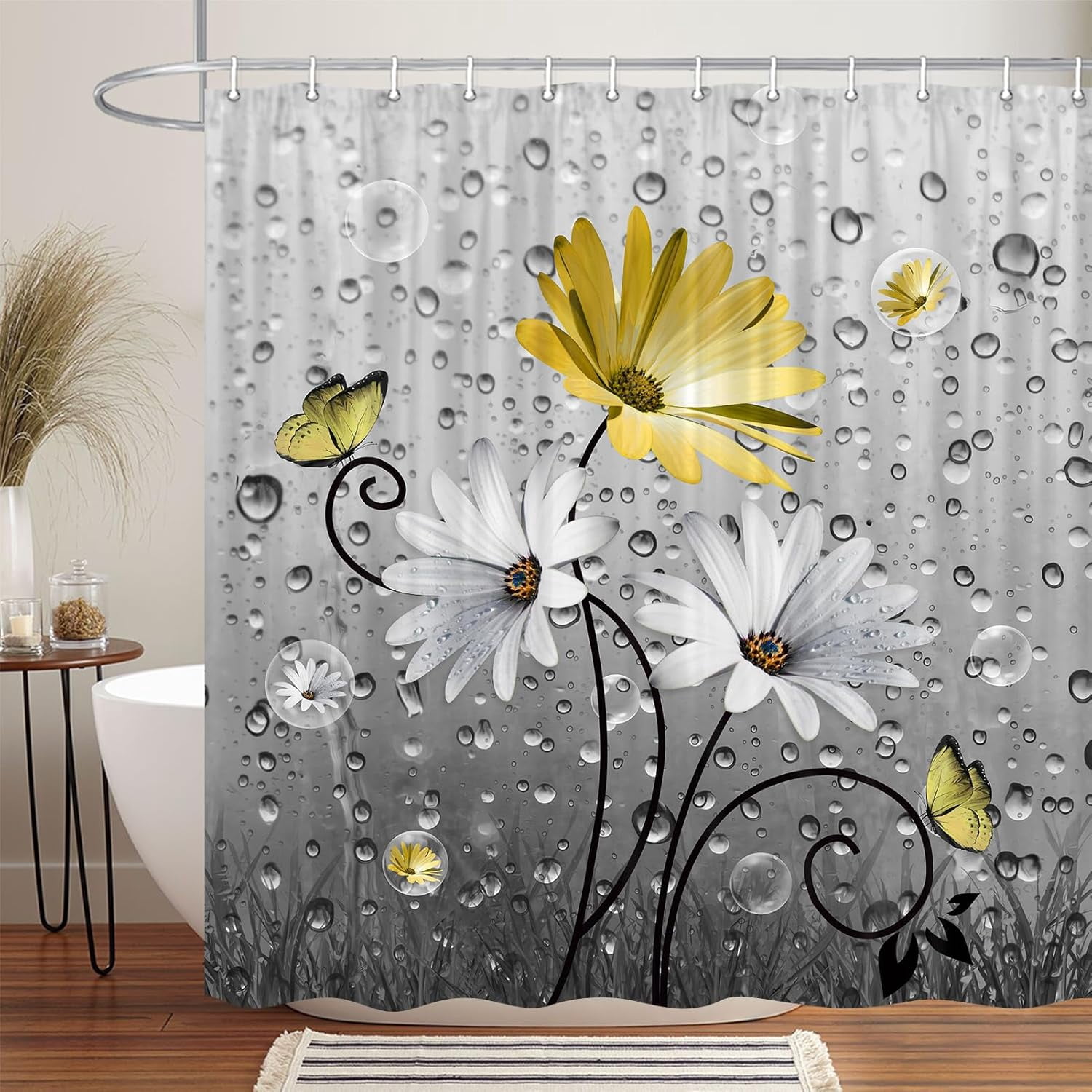 Farm teal Daisy flower and butterfly shower curtain for bathroom ...