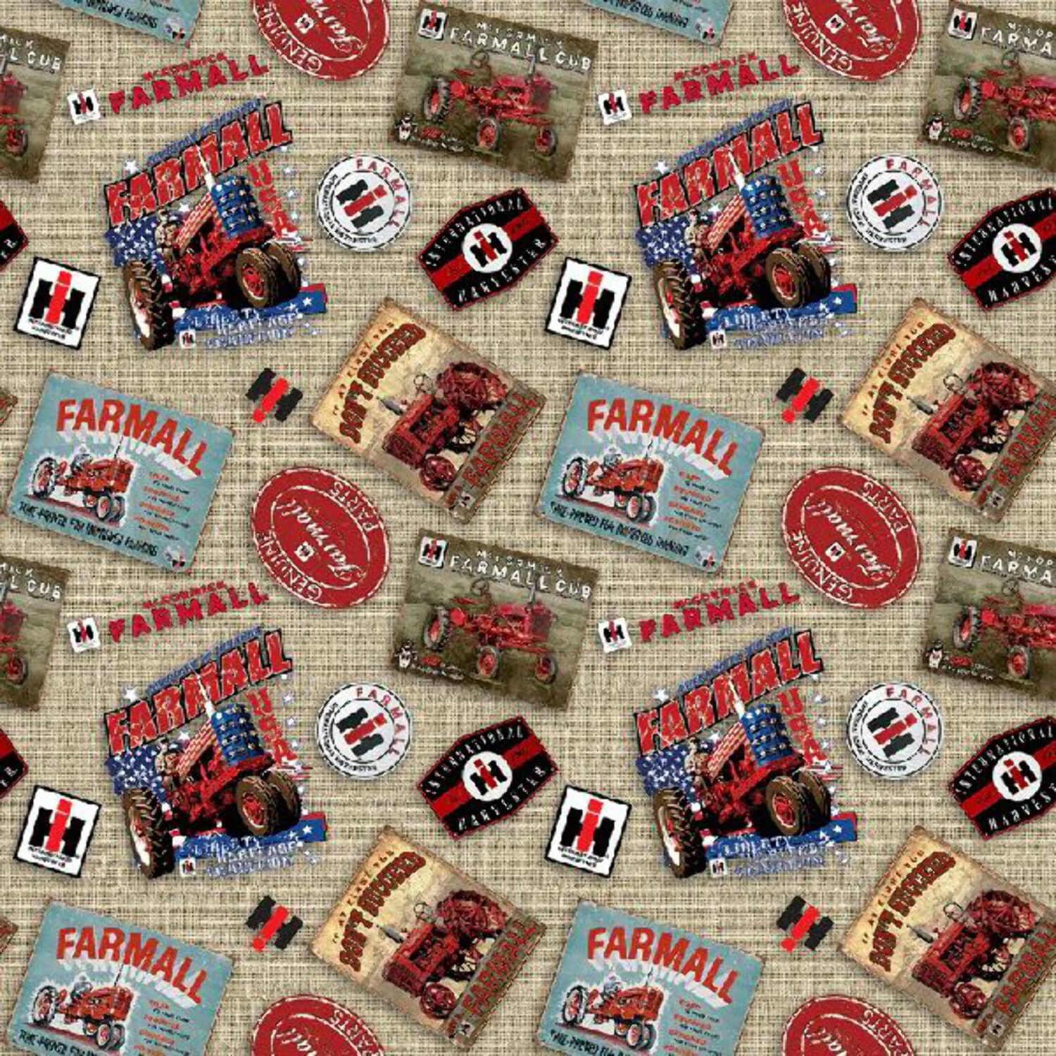 Cotton Farmall Farm Tractor Fabric Farmall Logos Burlap Sykel ...
