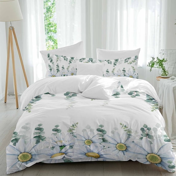 Farmhosue Daisy Eucalyptus Leaves Queen Size Bed Set,Vintage Linen ...