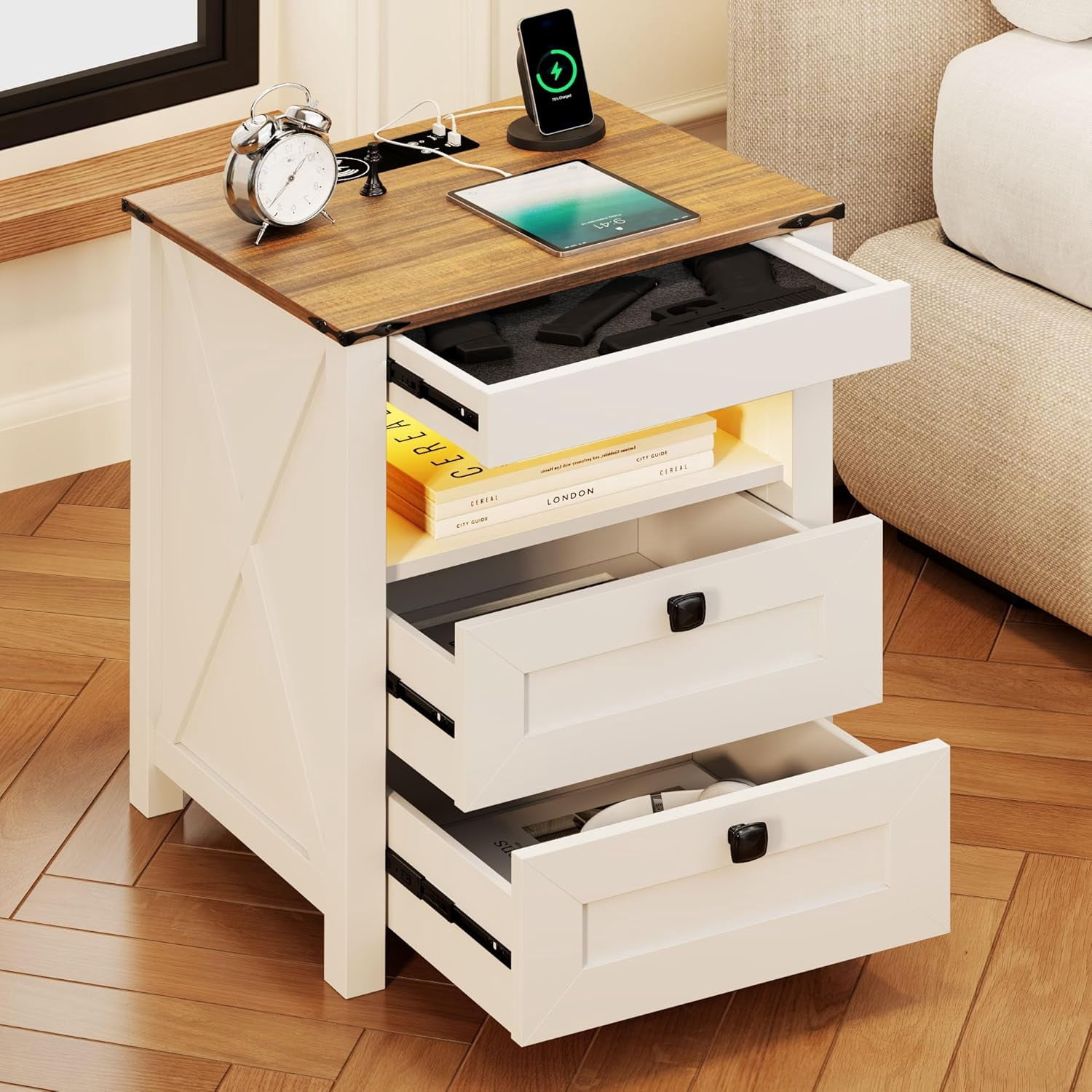 Farmhous Nightstand with Gun Drawer,Bedside Table with Charging Station ...