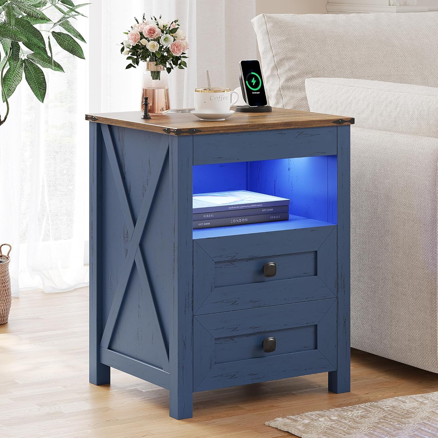 Farmhous Nightstand with Gun Drawer,Bedside Table with Charging Station ...