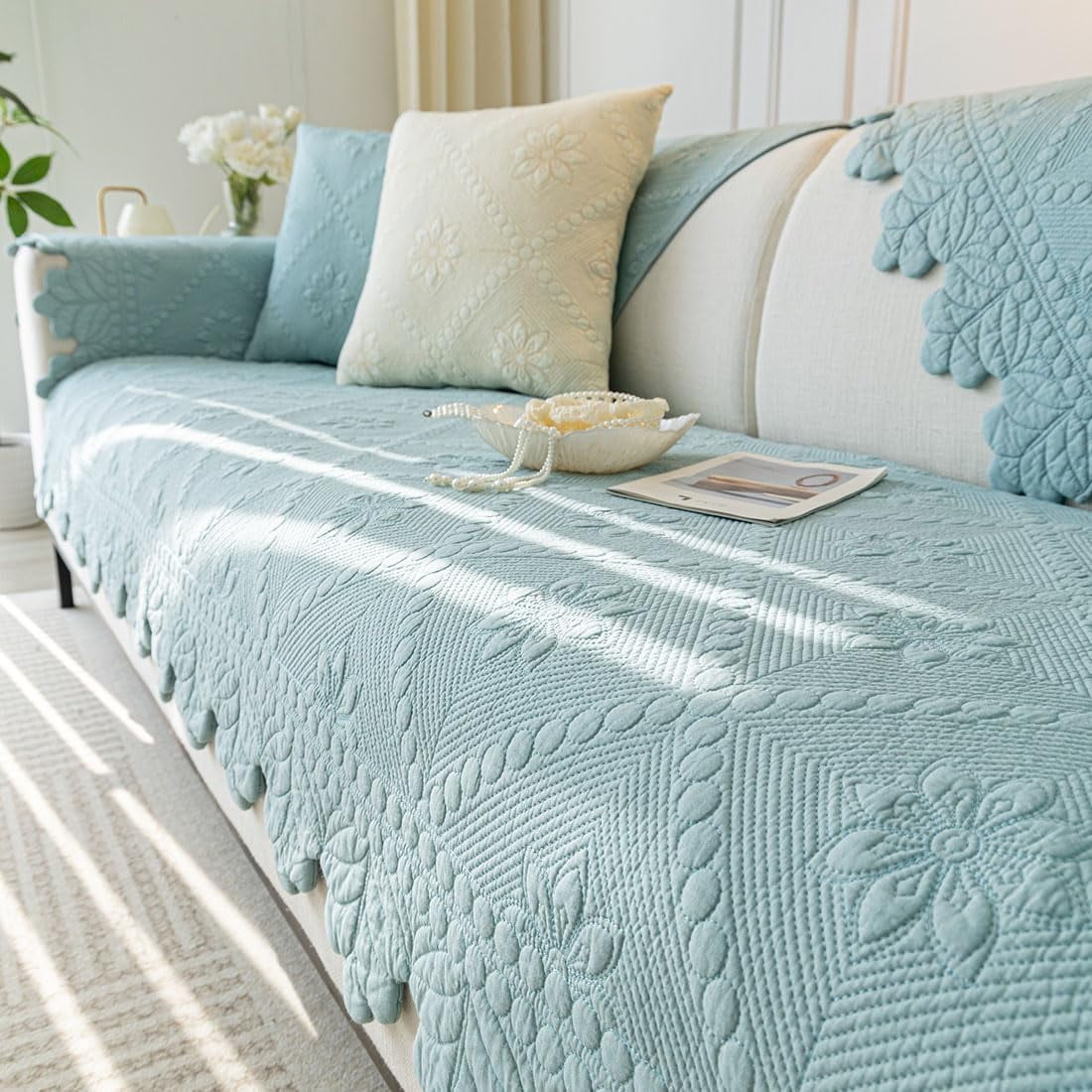 Farmhouse 100% Cotton Quilted Couch Cover Floral Embroidered Sofa Cover ...