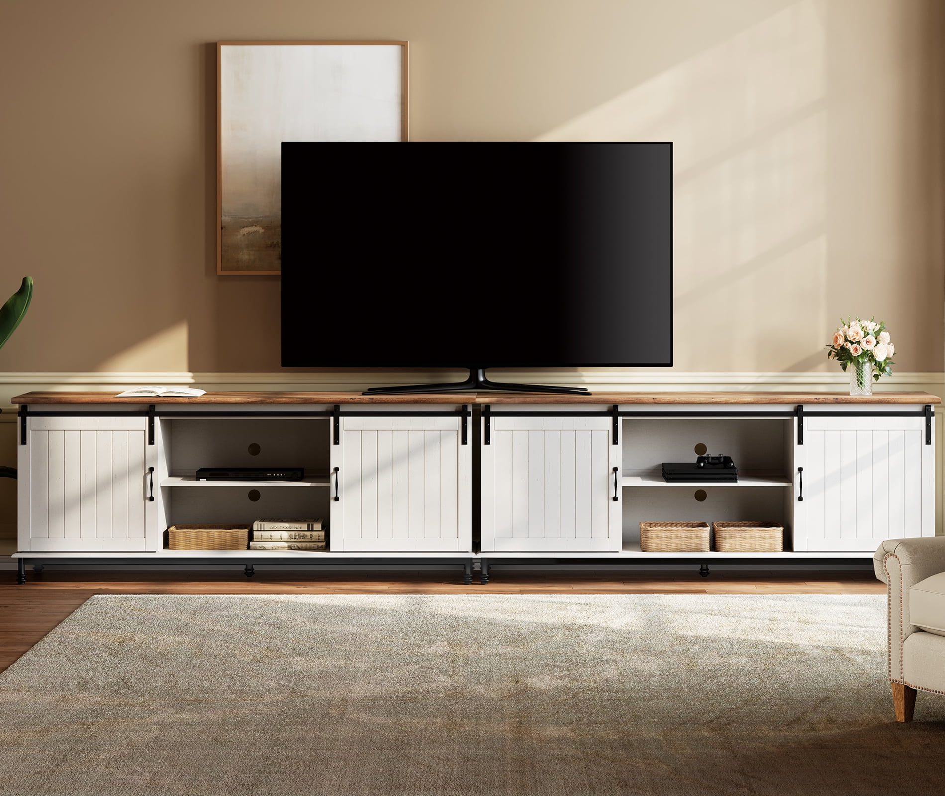 Farmhouse 140 Inches Sliding Barn Door TV Stand for TVs Up to 85 95 110 ...