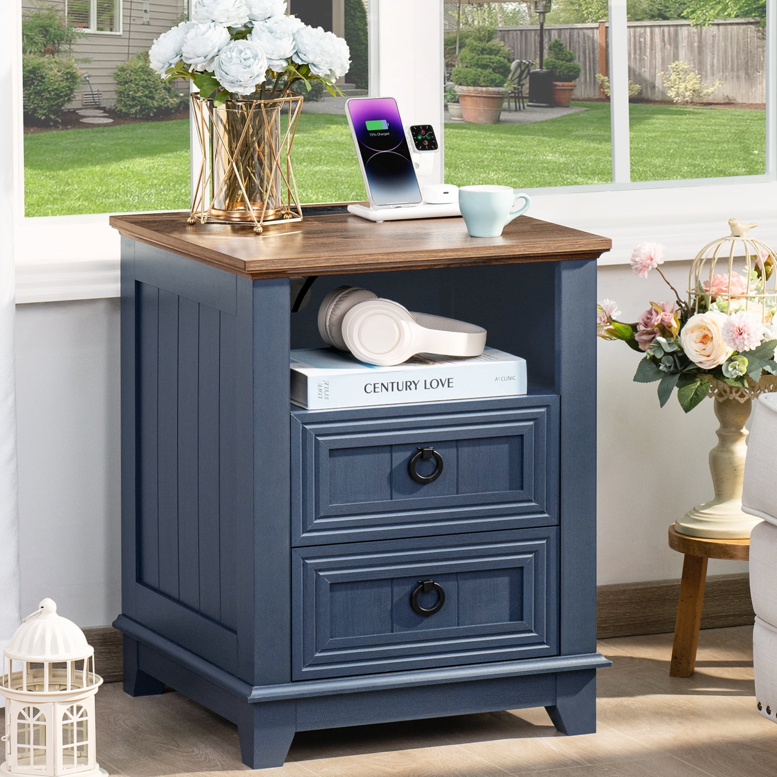 Farmhouse 2 Drawers Nightstand with Charging Station, Rustic Wood Night ...