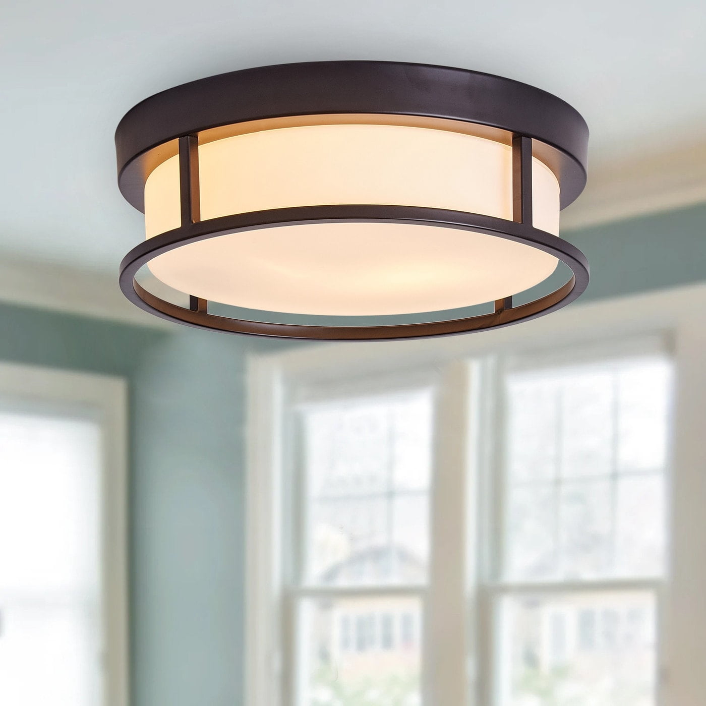 Farmhouse 2-Light Drum Shape Flush Mount Metal Frame Lighting Fixture ...