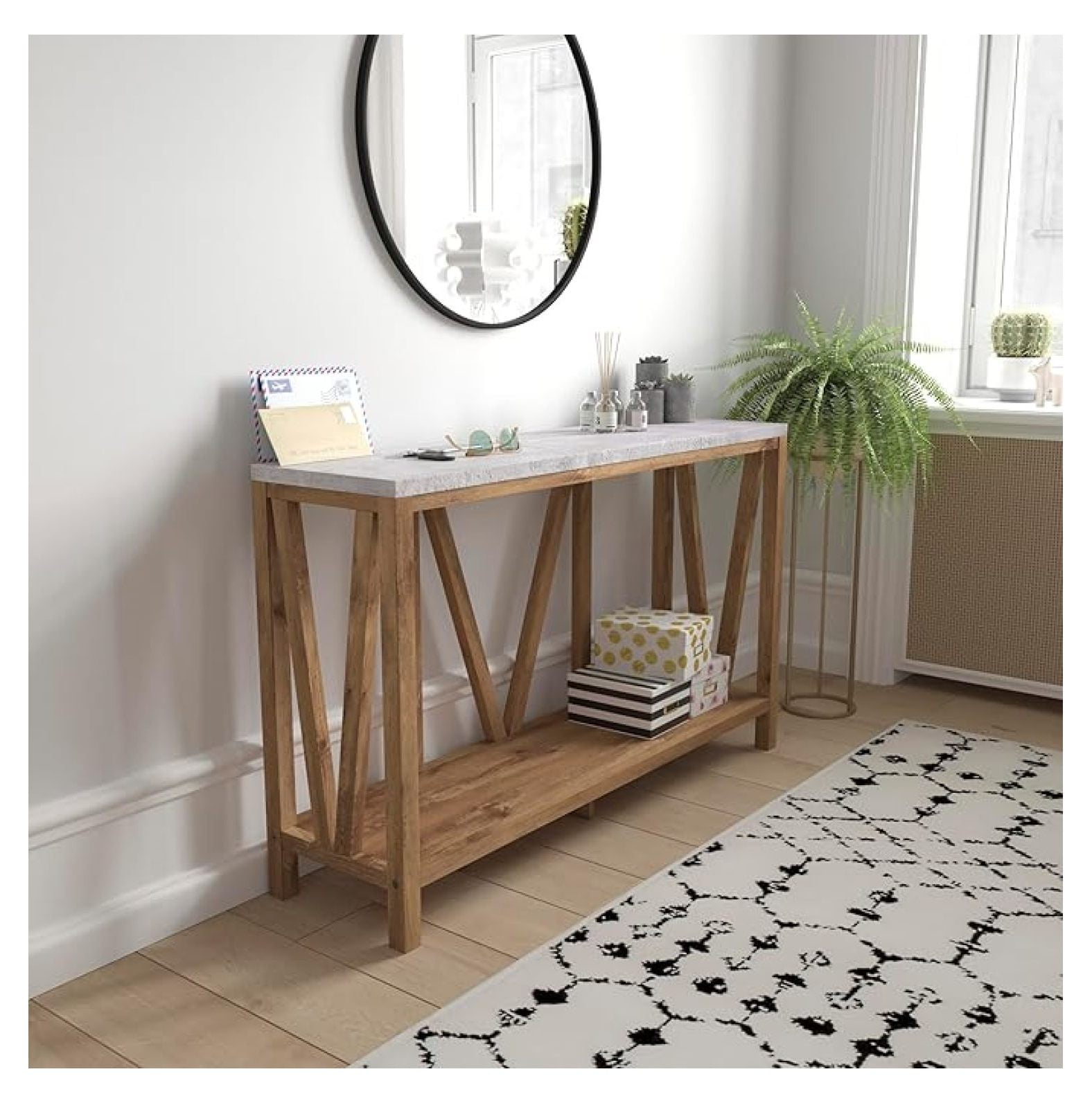 Farmhouse 2-Tier Console Table - Warm Oak Finish Engineered Wood Frame ...