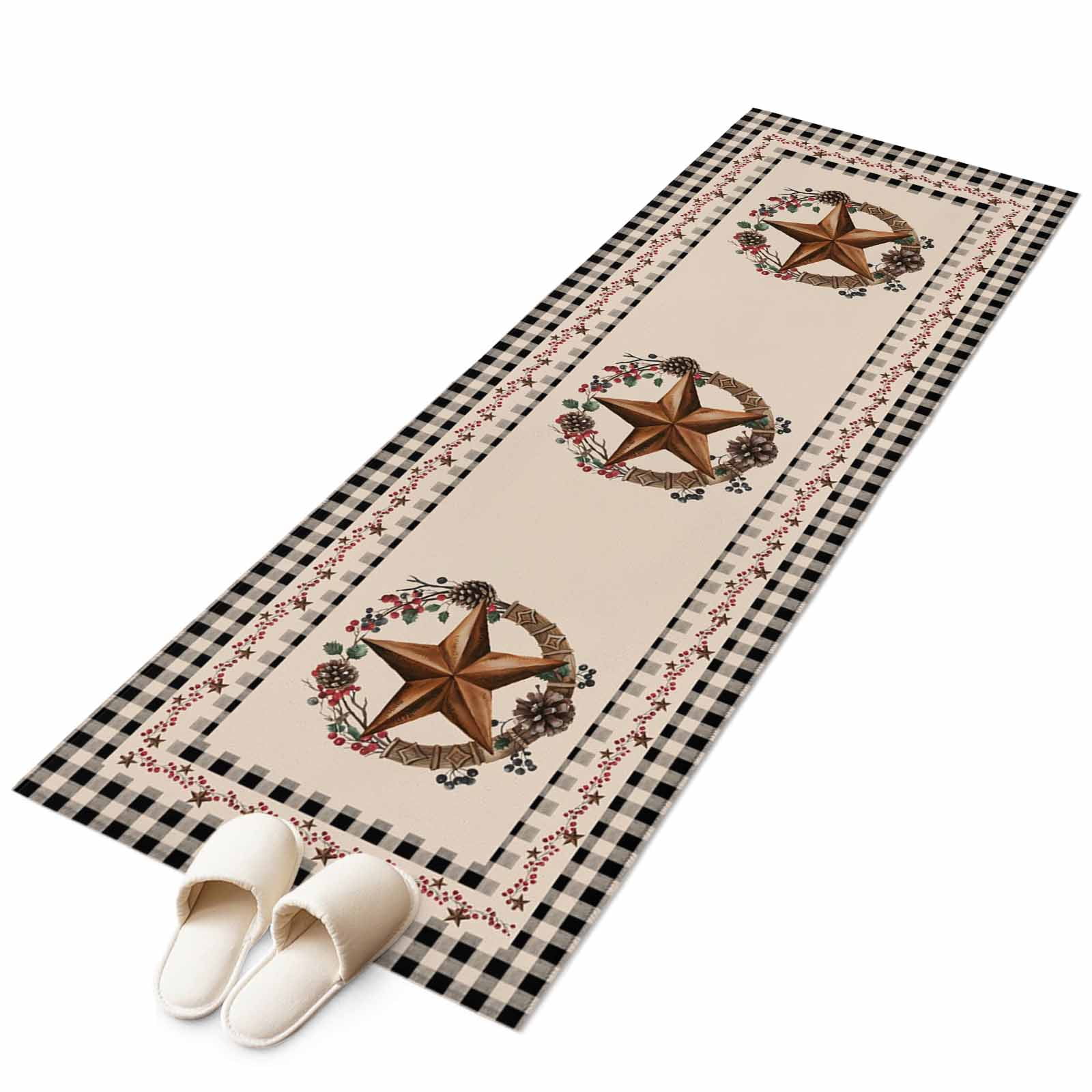 Farmhouse 2'x6' Runner Rug, Country Star Berry Plaid Lodge Grey Brown ...