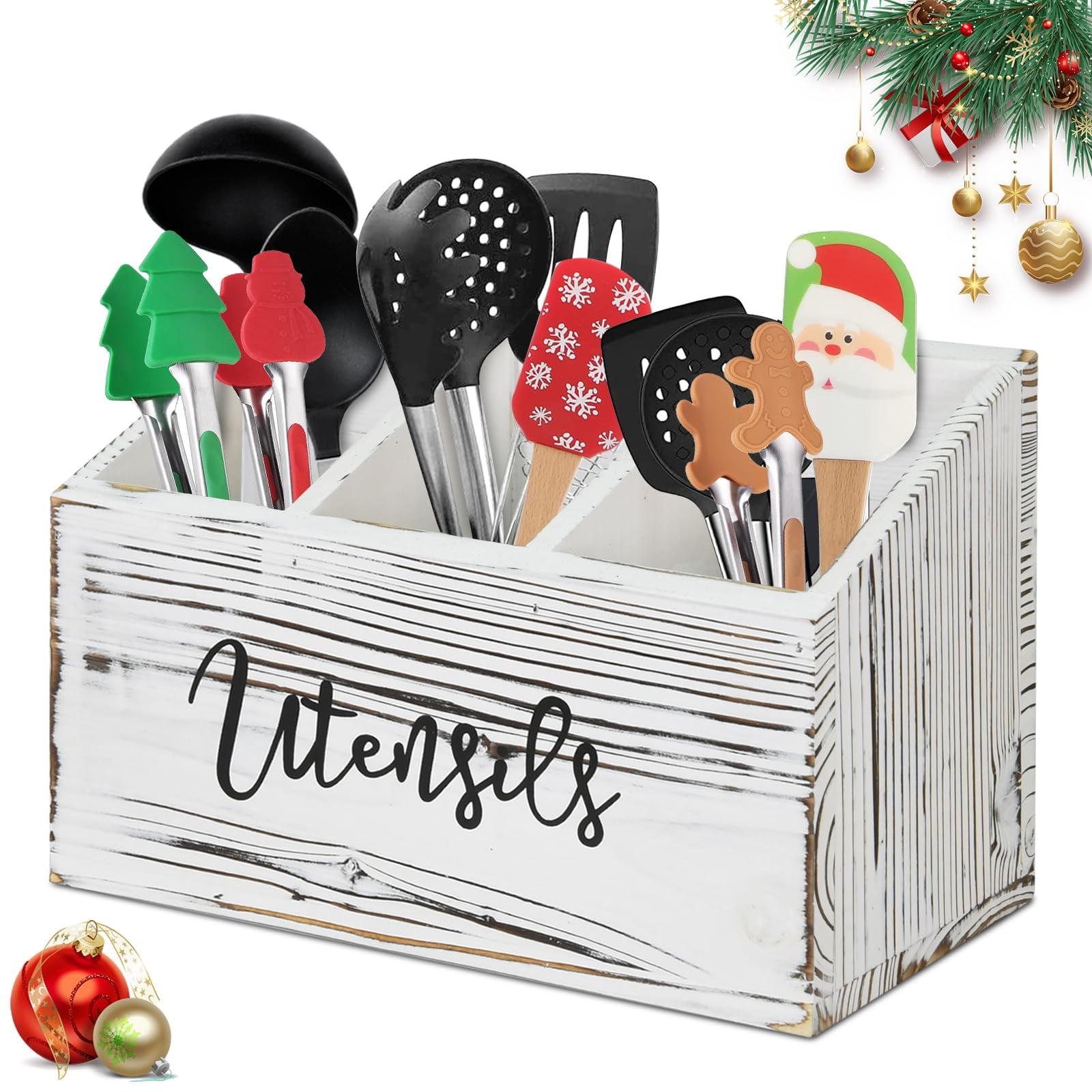 Farmhouse 3-Compartment Solid Wood Utensil Organizer - Countertop/Wall-Mounted Silverware Holder ...
