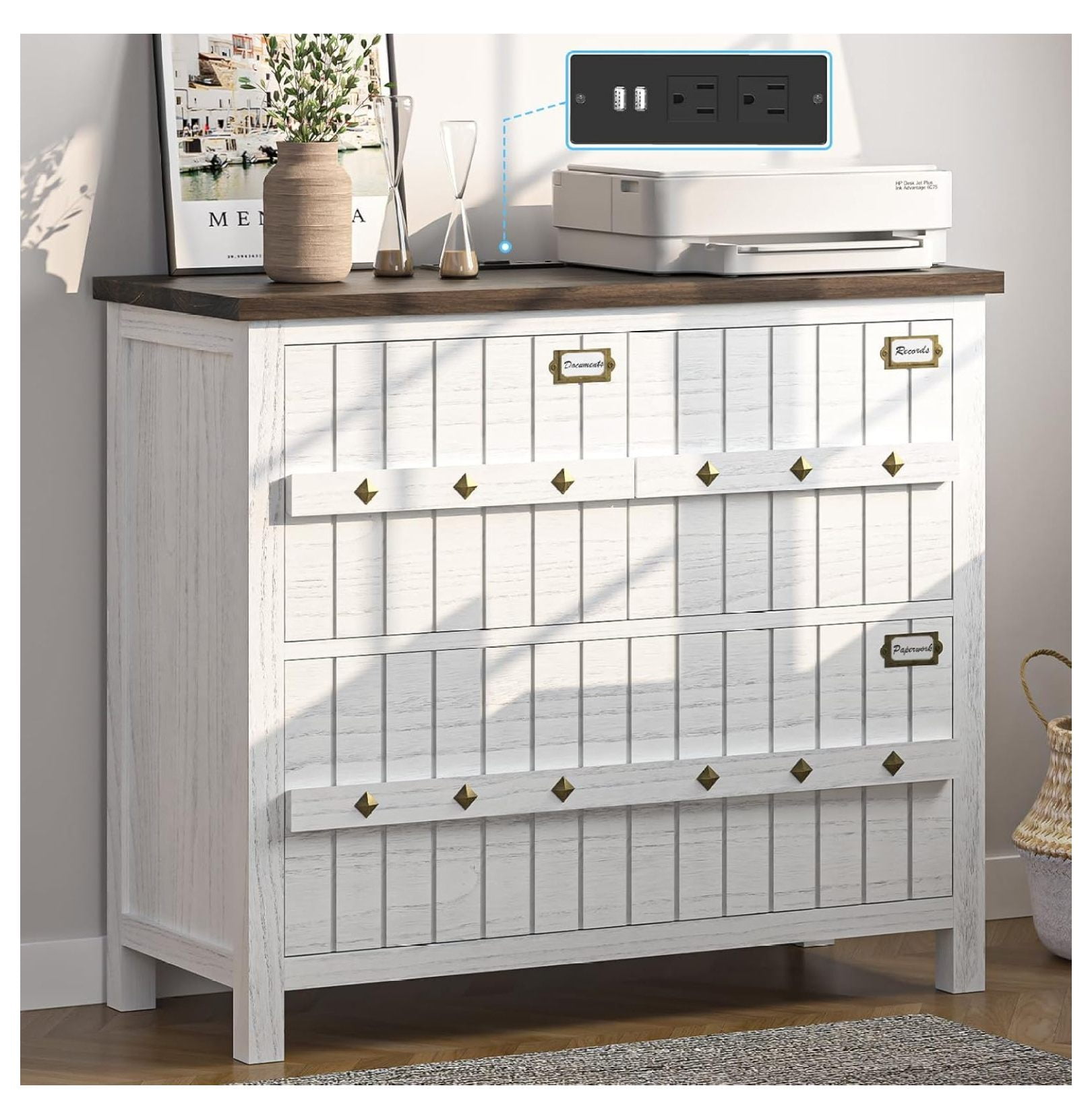 Farmhouse 3 Drawer File Cabinet with Charging Station, Solid Lateral ...