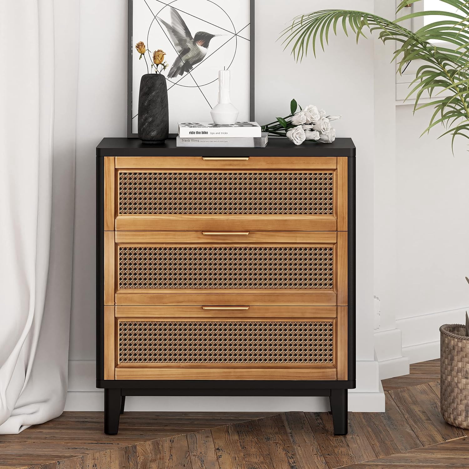 Farmhouse 3-Drawer Nightstand, Woven Cane Front Accent Dresser with ...