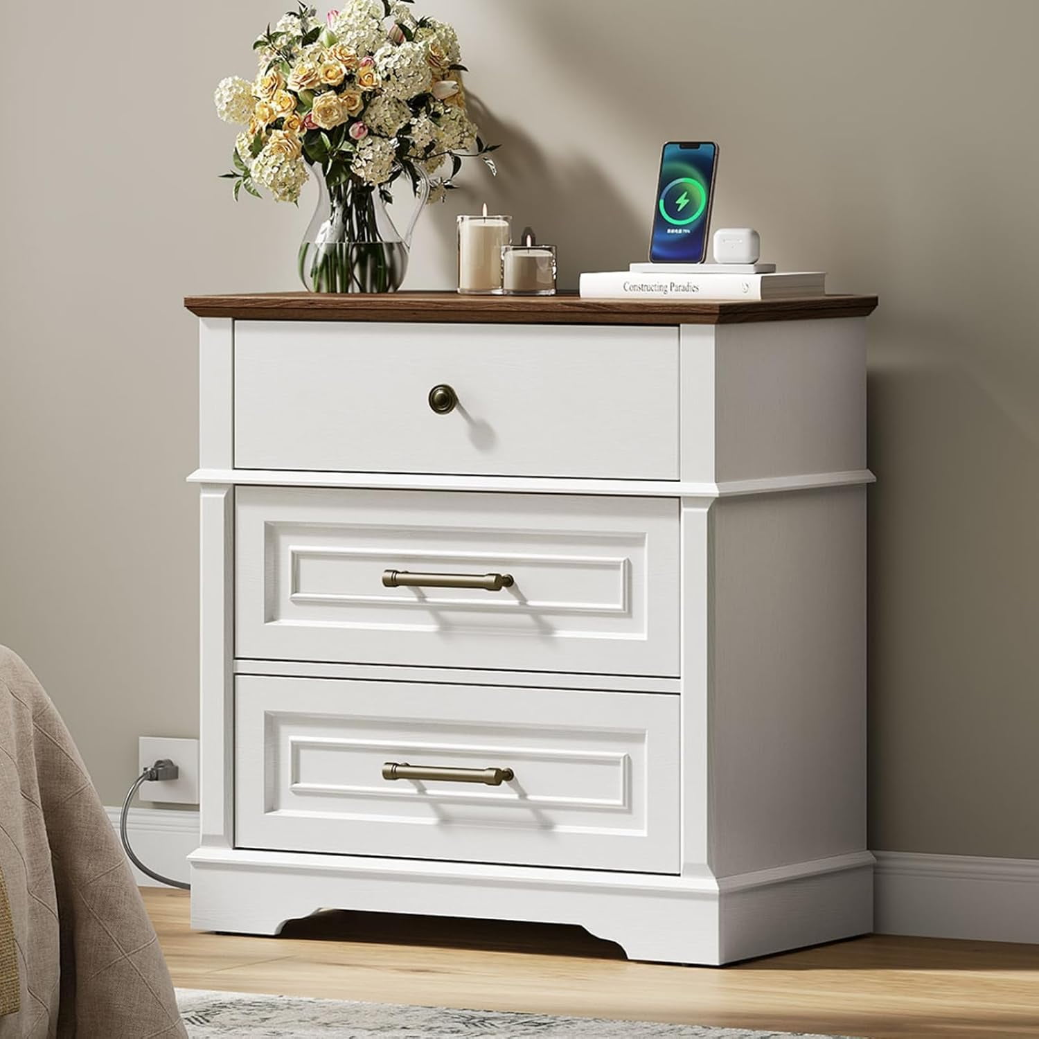 Farmhouse 3 Drawers Dresser, Tall Nightstand with Charging Station, 27. ...